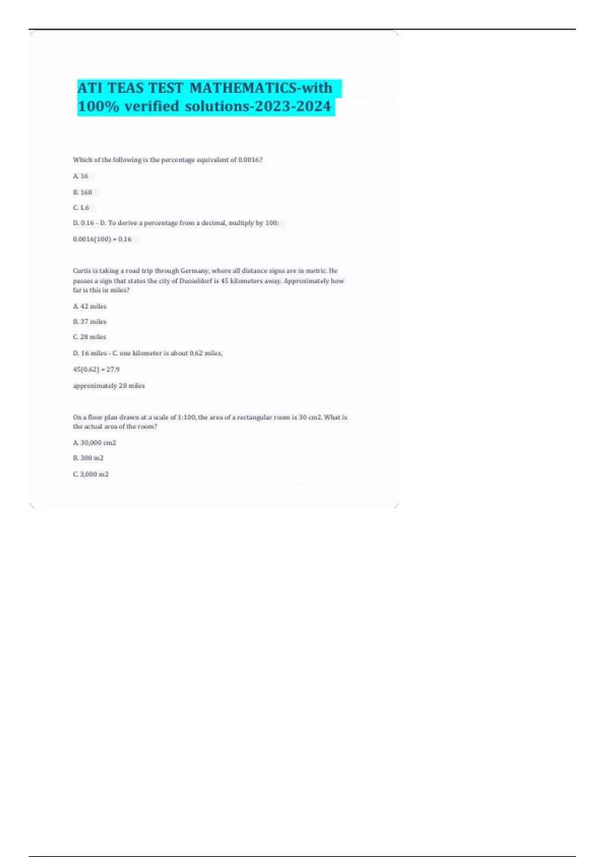 ATI TEAS TEST MATHEMATICS-with 100 VERIFIED SOLUTIONS - Advance nursing ...