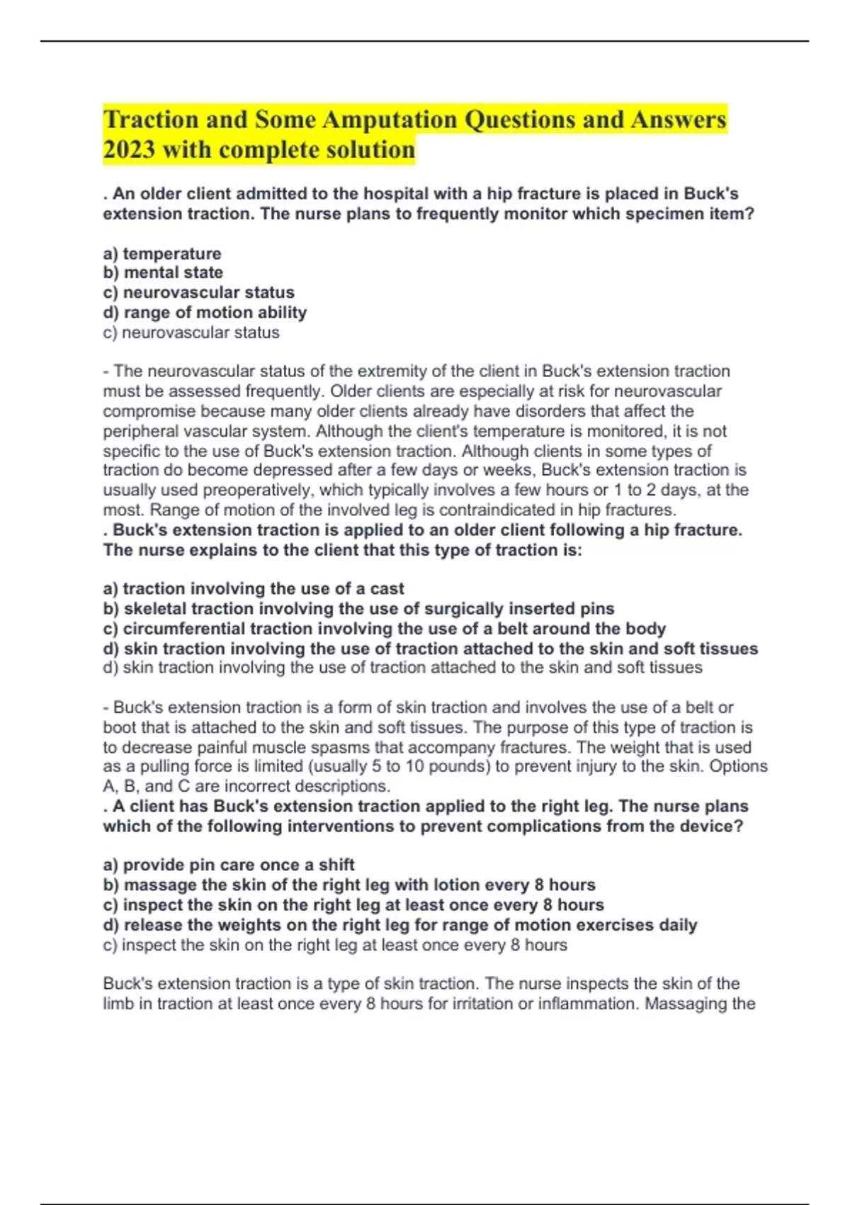 Traction and Some Amputation Questions and Answers 2023 with complete ...