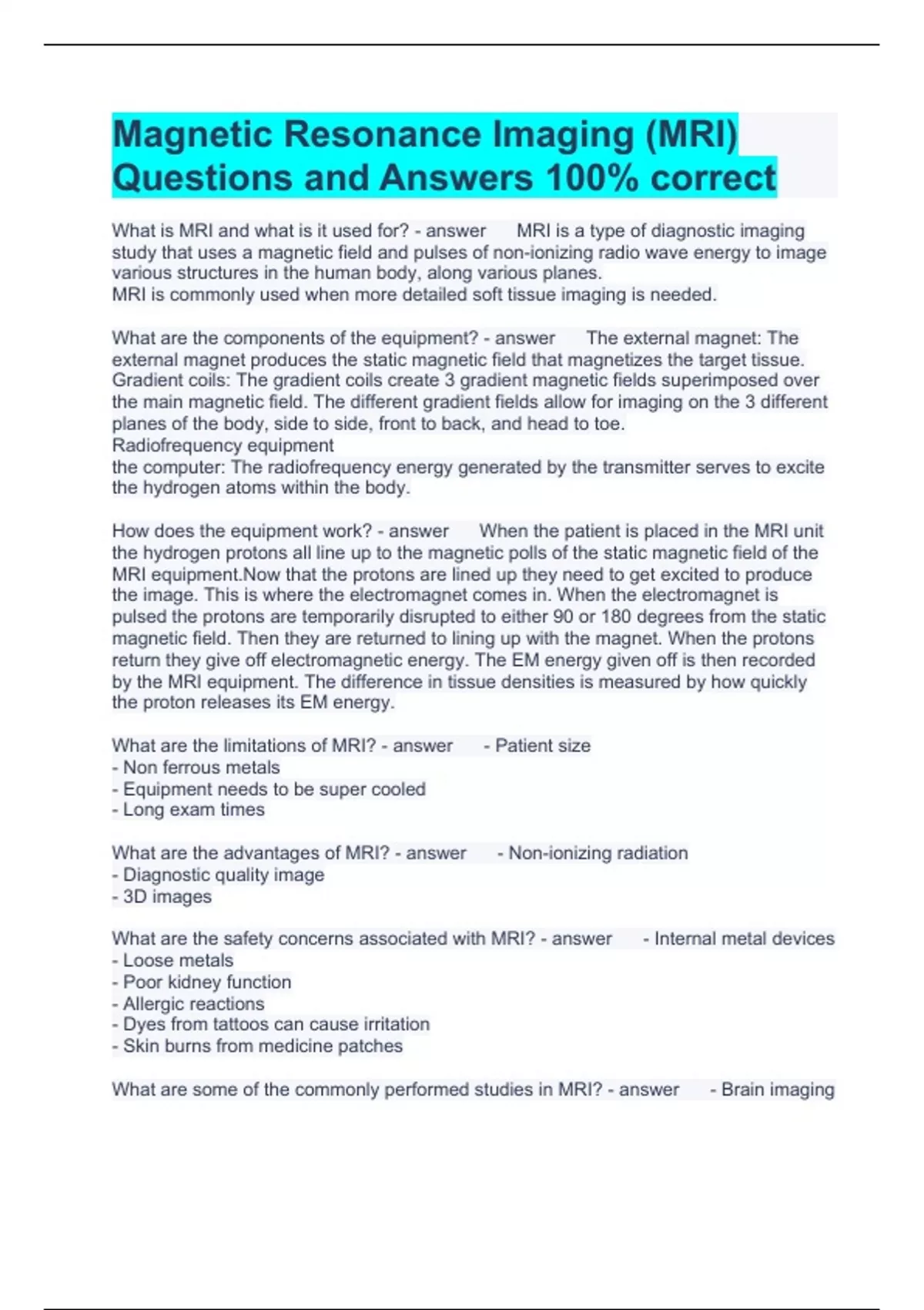 Magnetic Resonance Imaging (MRI) Questions and Answers 100% correct - MRI - Stuvia US