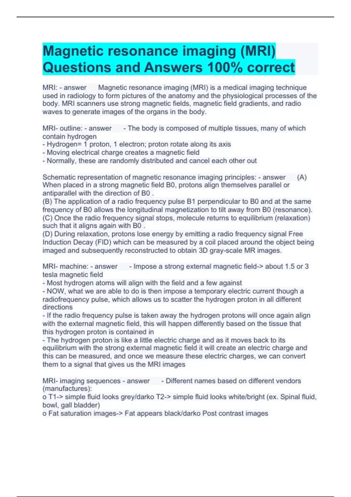 Magnetic resonance imaging (MRI) Questions and Answers 100% correct ...