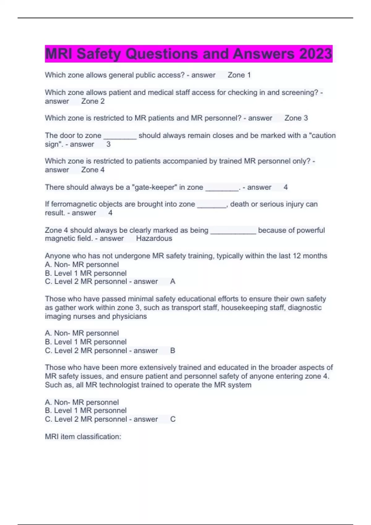 MRI Safety Questions and Answers 2023 - MRI - Stuvia US