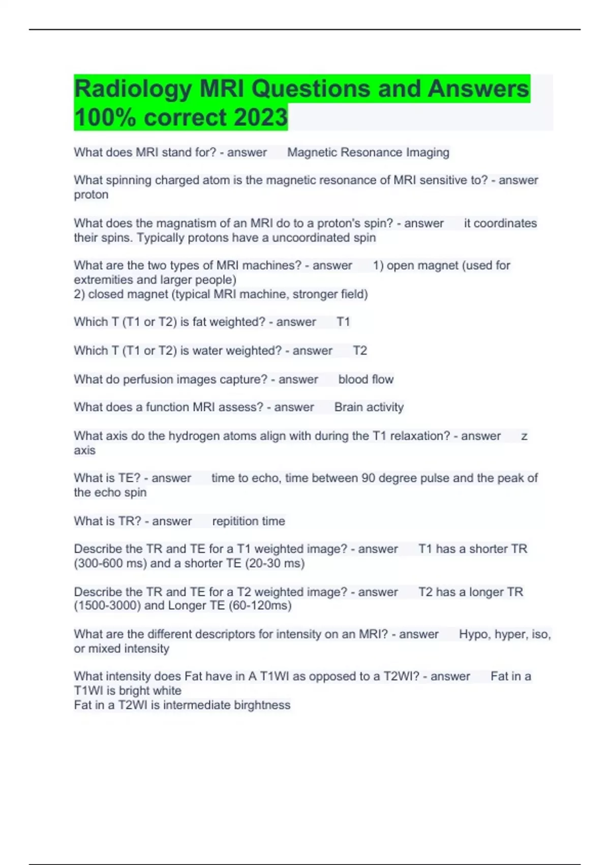 Radiology MRI Questions and Answers 100% correct 2023 - MRI - Stuvia US