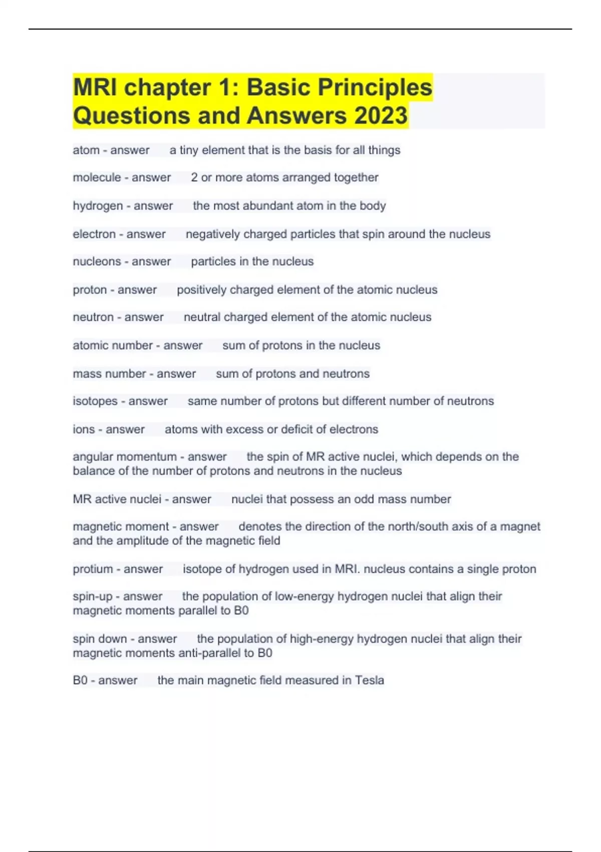 MRI chapter 1: Basic Principles Questions and Answers 2023 - MRI - Stuvia US