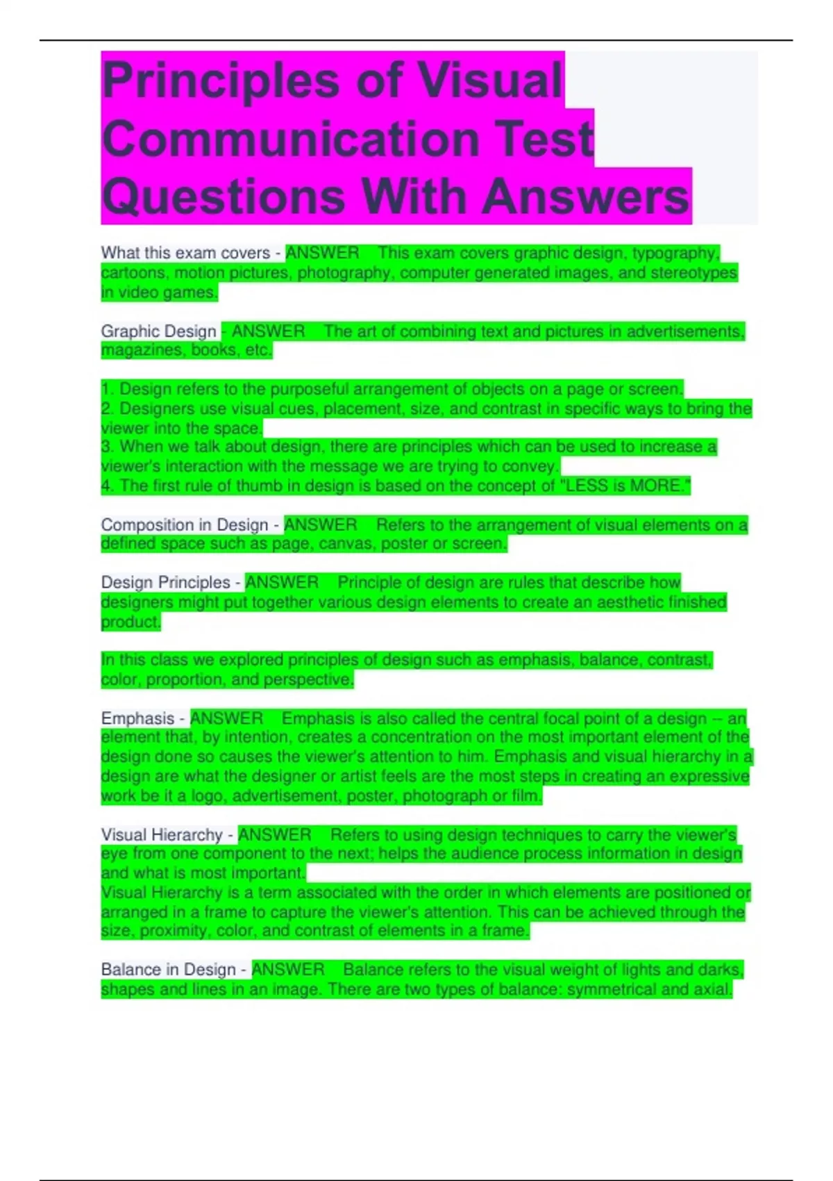 Principles of Visual Communication Test Questions With Answers ...