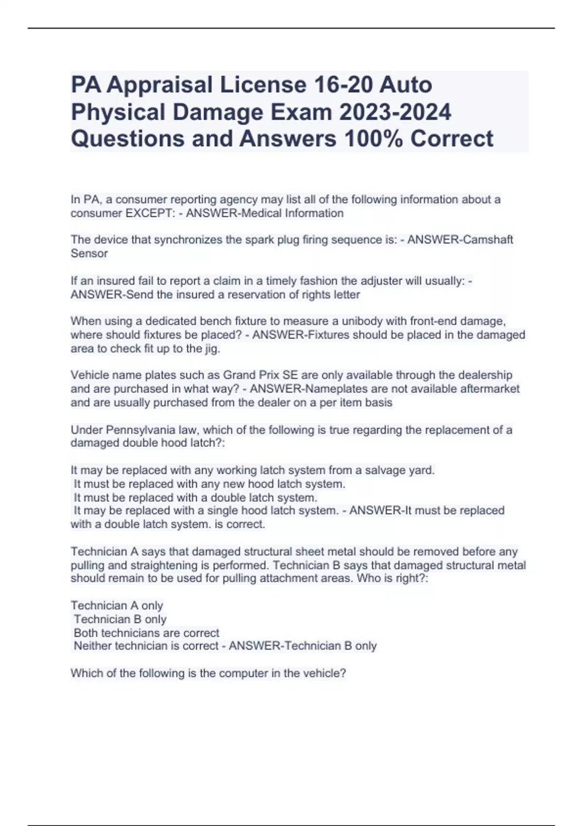 PA Appraisal License 16-20 Auto Physical Damage Exam Questions and ...