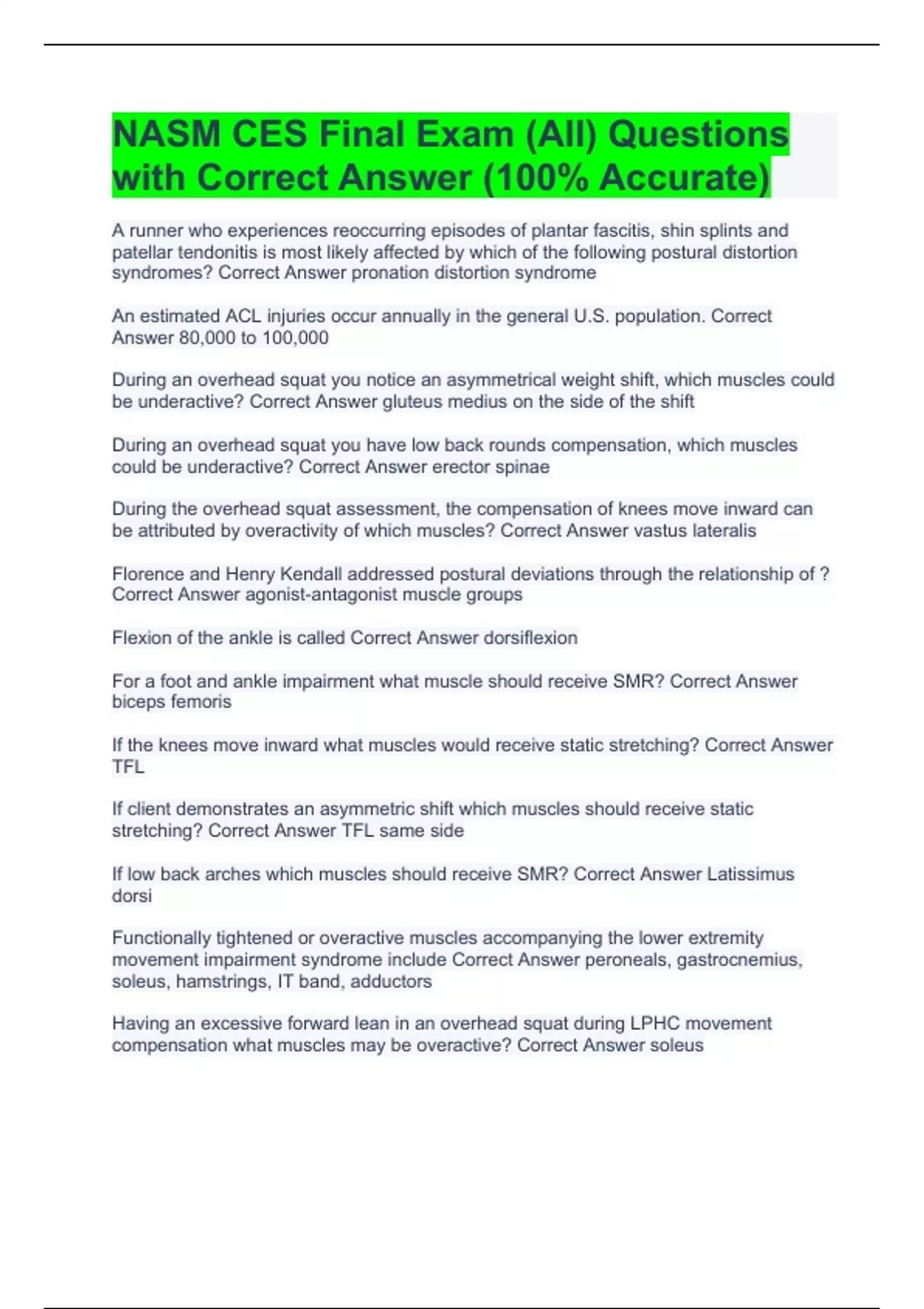 NASM CES Final Exam (All ) Questions with Correct Answer (100% Accurate) - Stuvia US