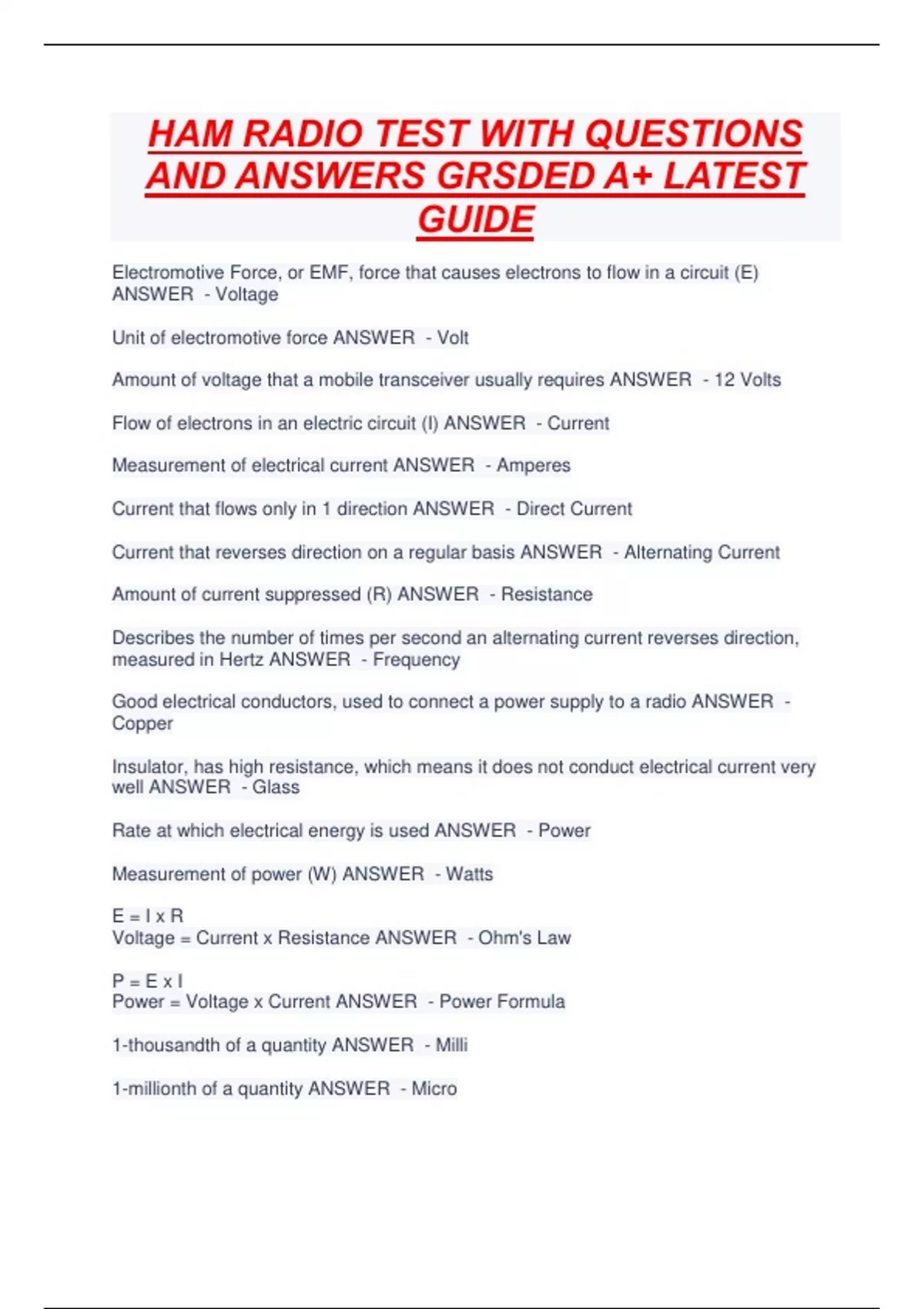 HAM RADIO TEST WITH QUESTIONS AND ANSWERS GRSDED A+ LATEST GUIDE - HAM ...