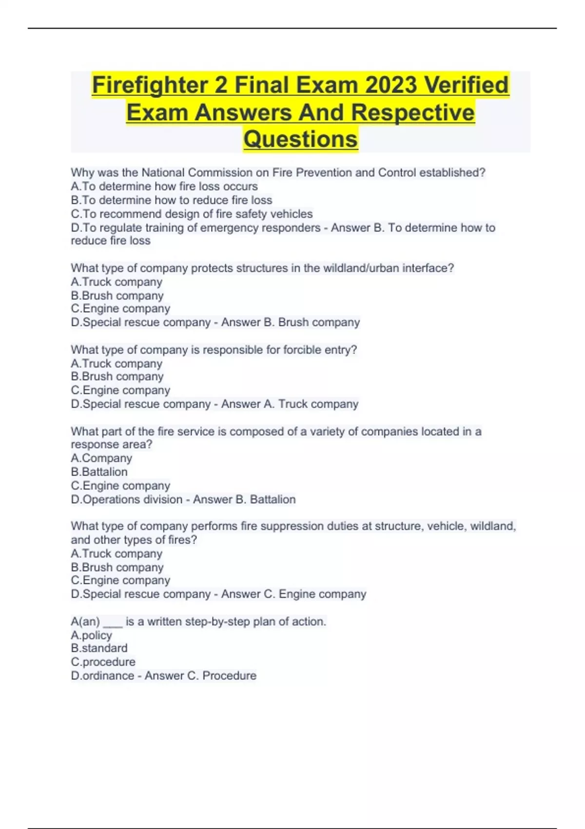 Firefighter 2 Final Exam 2023 Verified Exam Answers And Respective Questions - Firefighter 2 ...