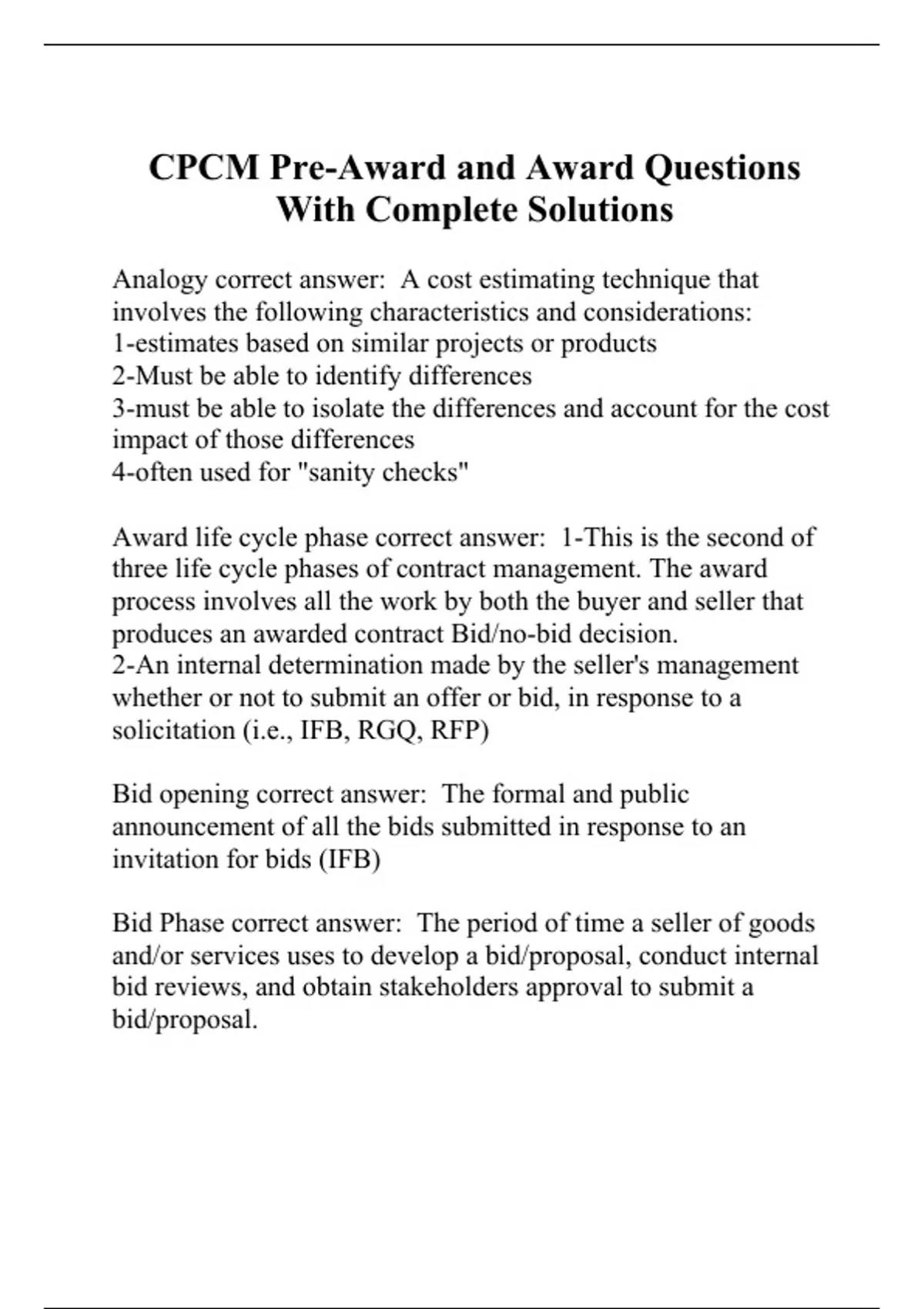 CPCM Pre-Award and Award Questions With Complete Solutions - CPCM ...