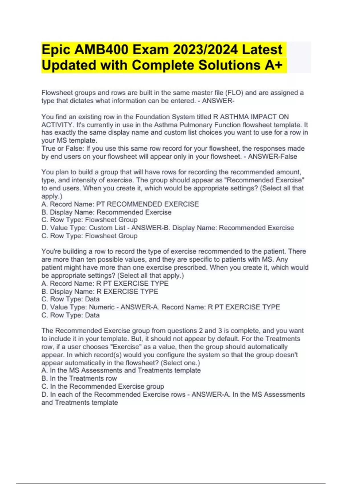 Epic AMB 400 Exam 2023/2024 Latest Updated with Complete Solutions A+ ...