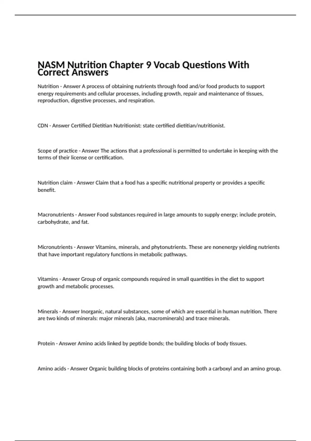NASM Nutrition Chapter 9 Vocab Questions With Correct Answers - NASM ...