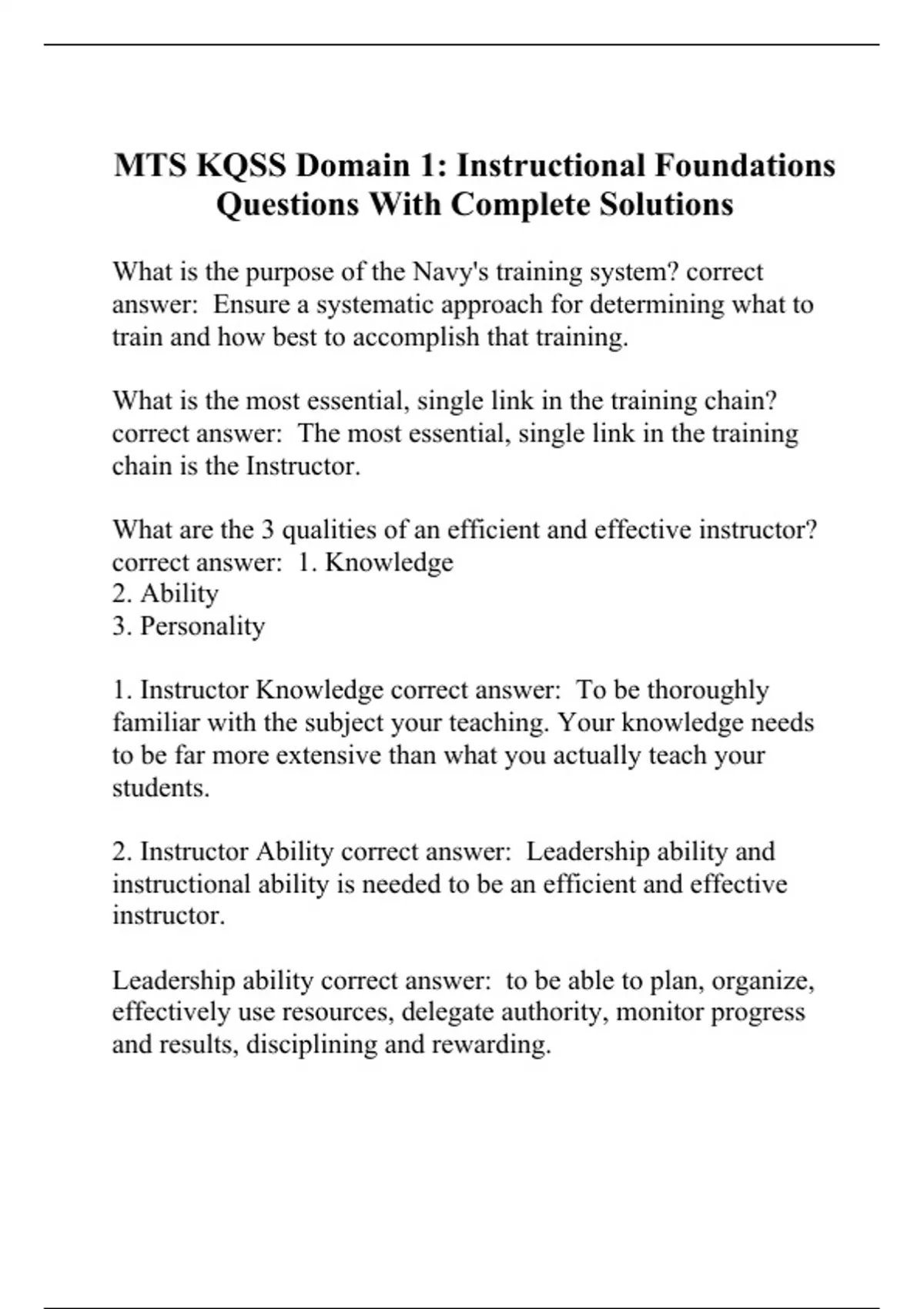 MTS KQSS Domain 1: Instructional Foundations Questions With Complete Solutions - MTS or M.T.S ...