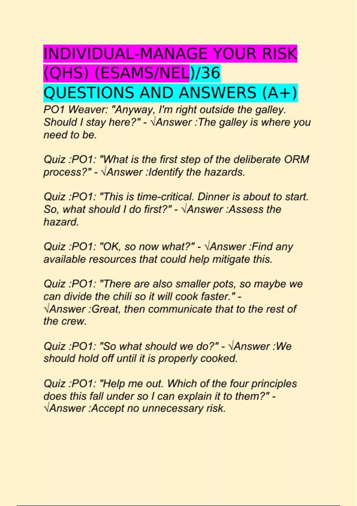 INDIVIDUAL-MANAGE YOUR RISK (QHS) (ESAMS/NEL)/36 QUESTIONS AND ANSWERS ...