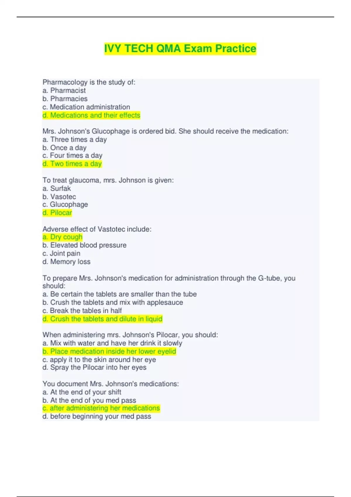 IVY TECH QMA Exam Practice - Questions & Answers - IVY TECH QMA - Stuvia US