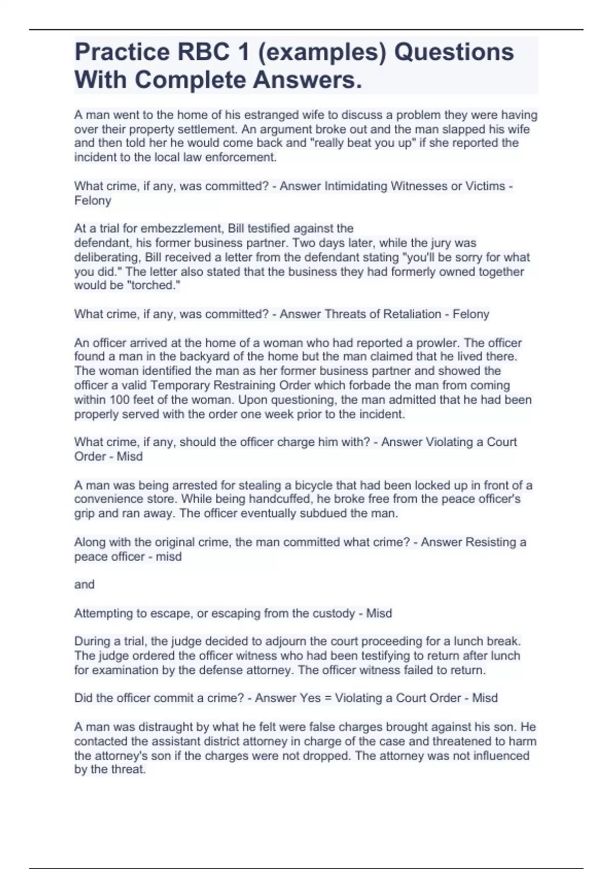 Practice RBC 1 (examples) Questions With Complete Answers. - RBC 1 - Stuvia US