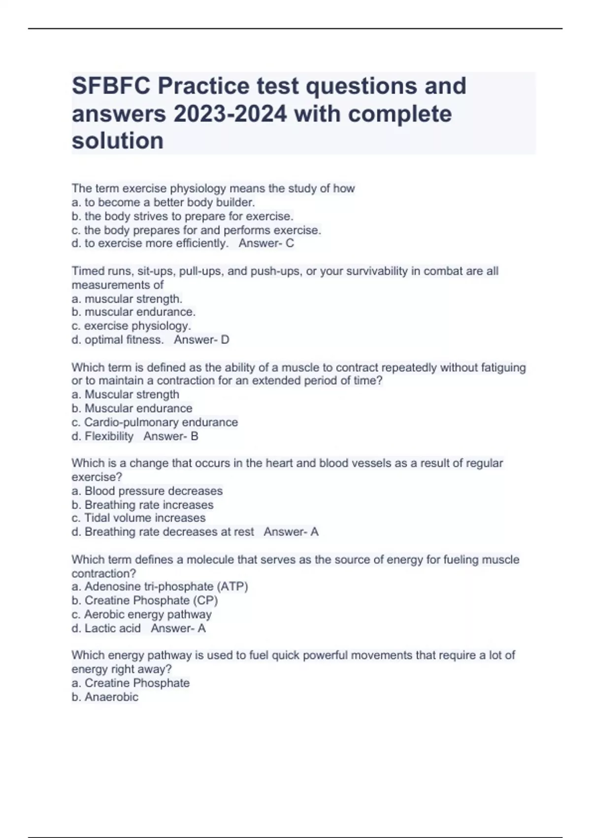 SFBFC Practice test questions and answers with complete solution ...