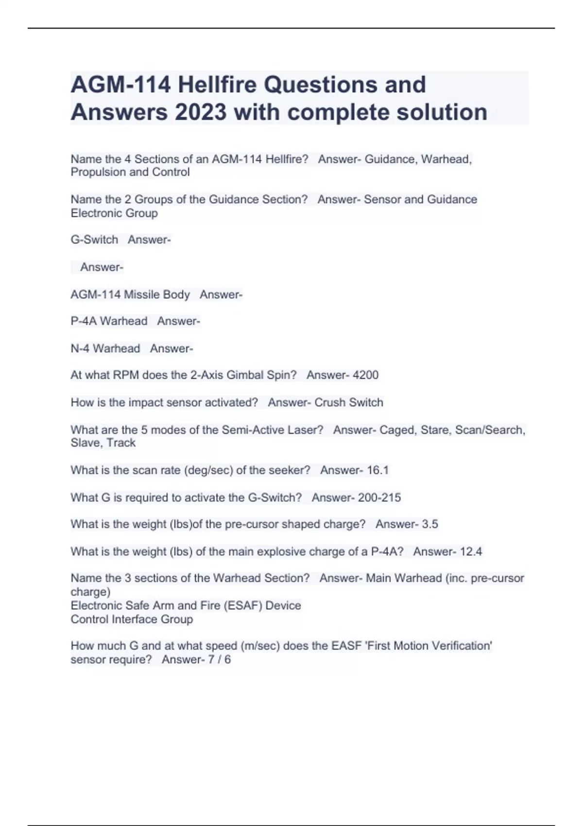 AGM-114 Hellfire Questions and Answers 2023 with complete solution - AGM-114 - Stuvia US