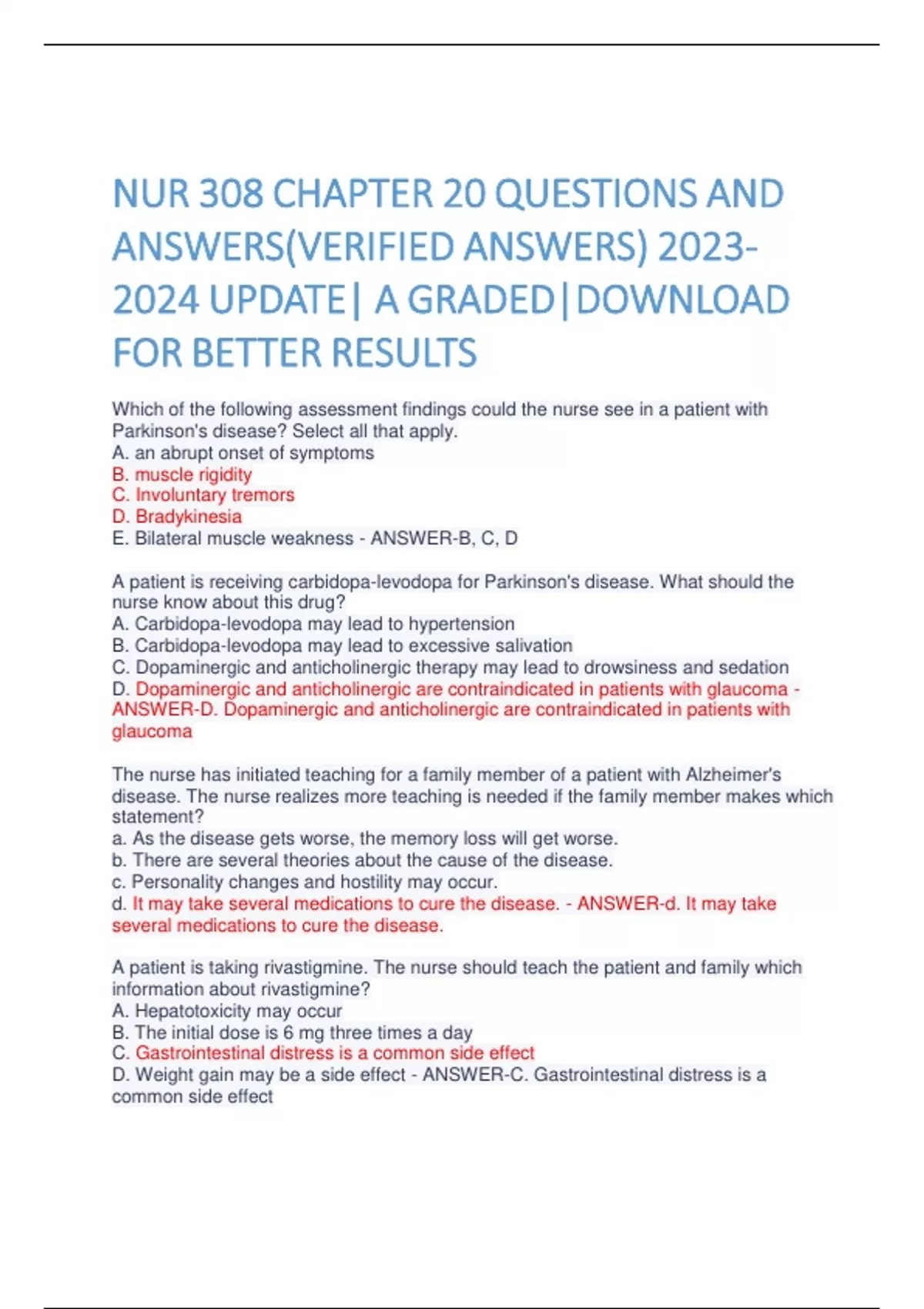 NUR 308 CHAPTER 20 QUESTIONS AND ANSWERS(VERIFIED ANSWERS) UPDATE| A GRADED|DOWNLOAD FOR BETTER ...