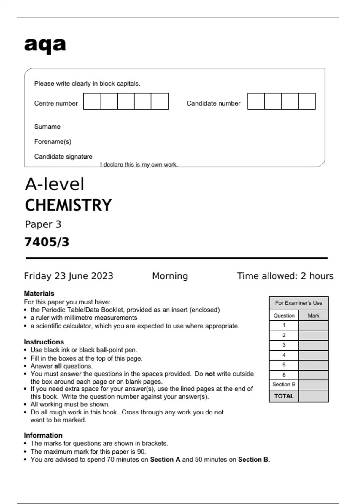 aqa A-level CHEMISTRY Paper 3 (7405/3) JUNE 2023 QUESTION PAPER - A ...