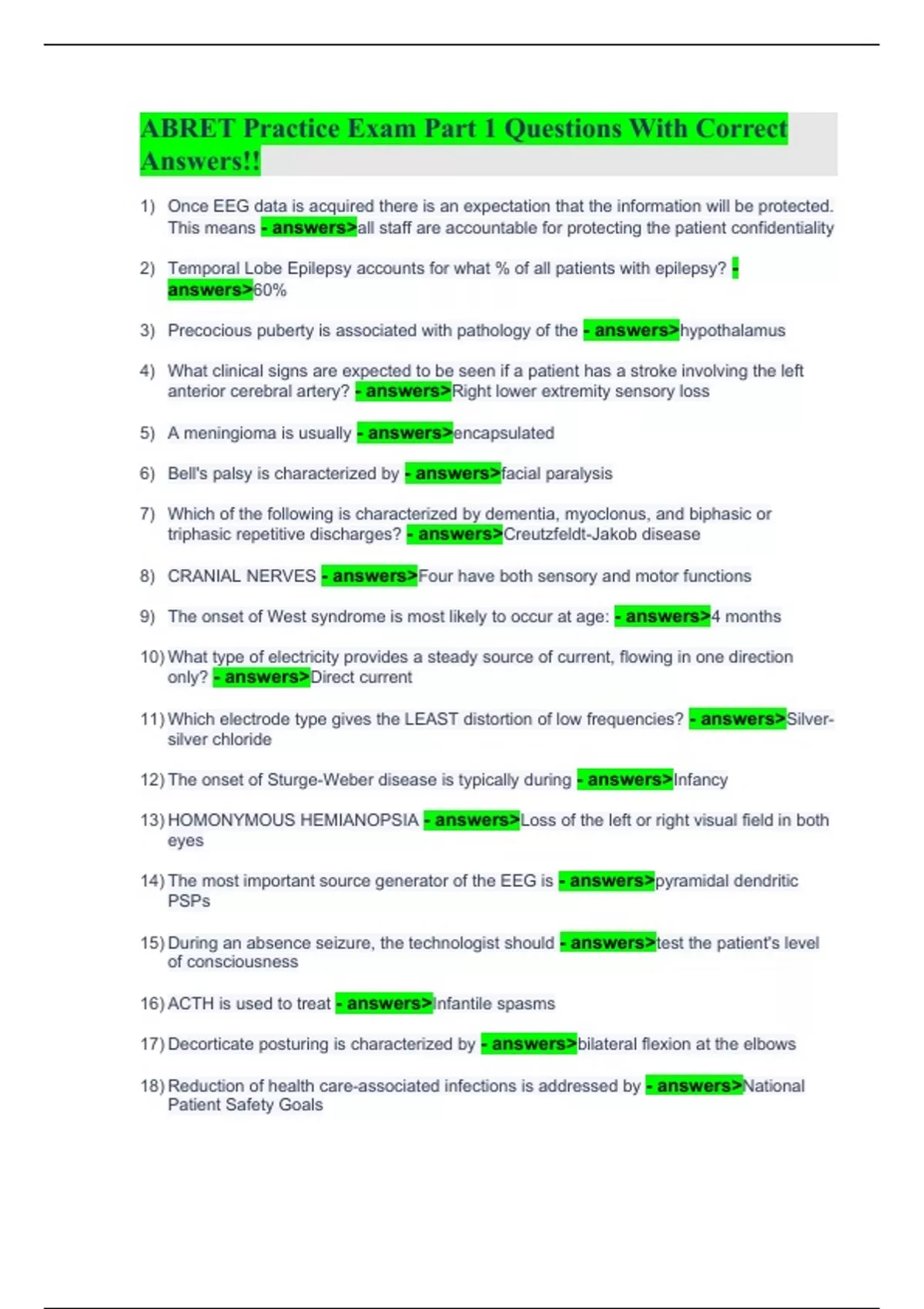 ABRET Practice Exam Part 1 Questions With Correct Answers!! - ABRET ...