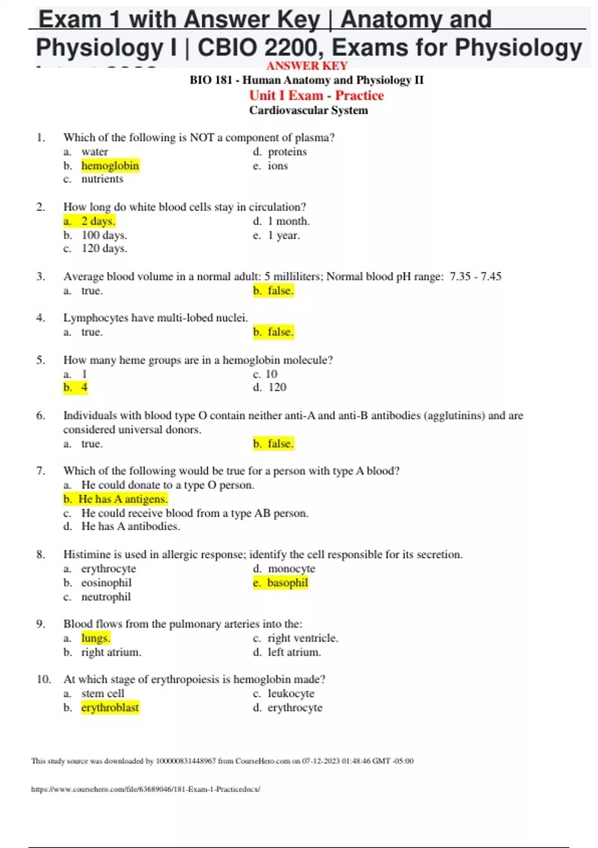 Exam 1 with Answer Key | Anatomy and Physiology I | CBIO 2200, Exams ...