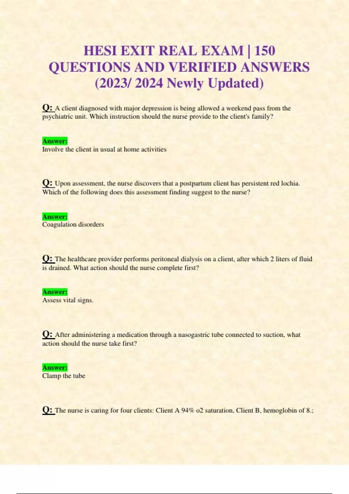 HESI EXIT REAL EXAM | 150 QUESTIONS AND VERIFIED ANSWERS (2023/ 2024 ...