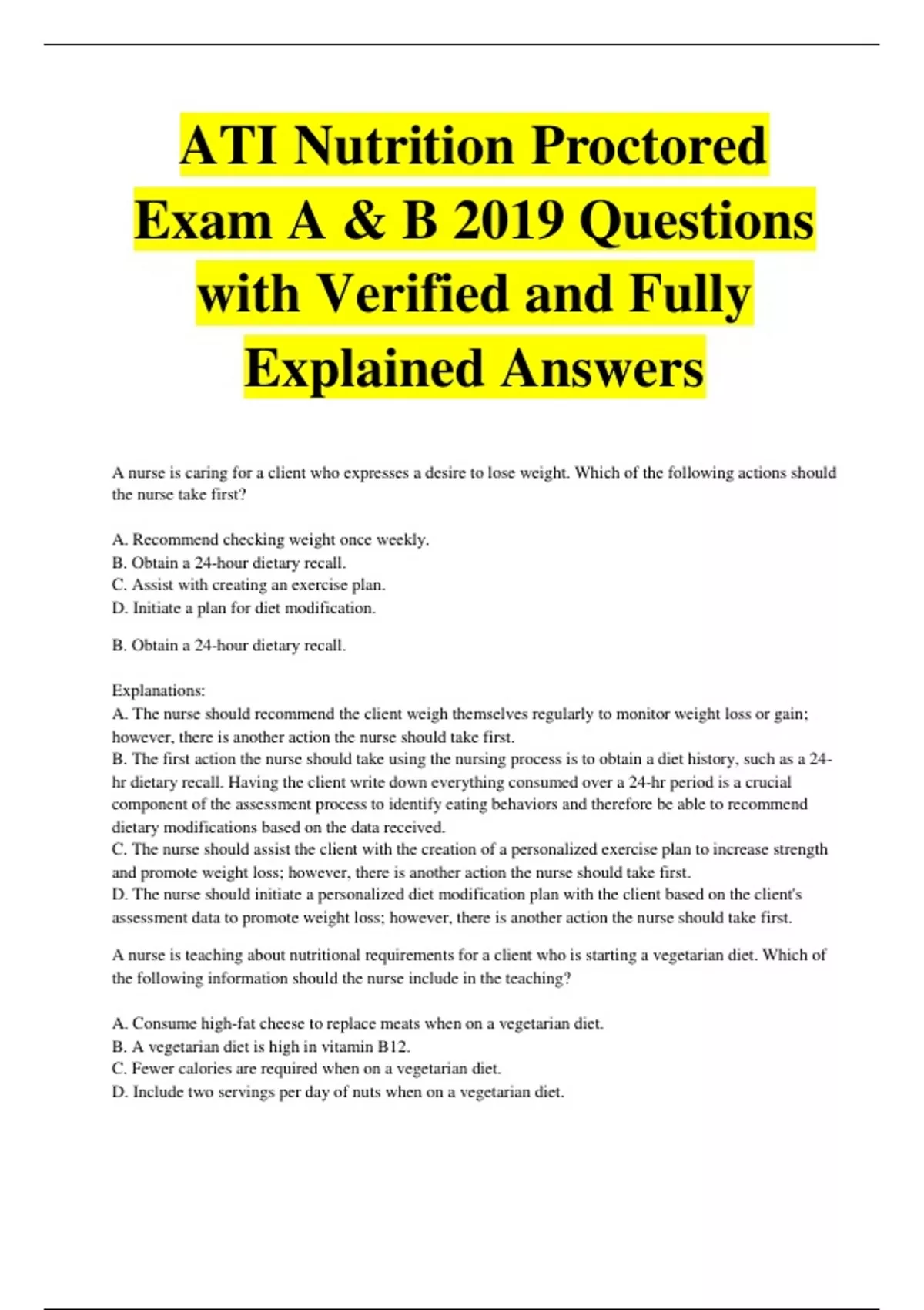 ATI Nutrition Proctored Exam A & B 2019 Questions with Verified and ...