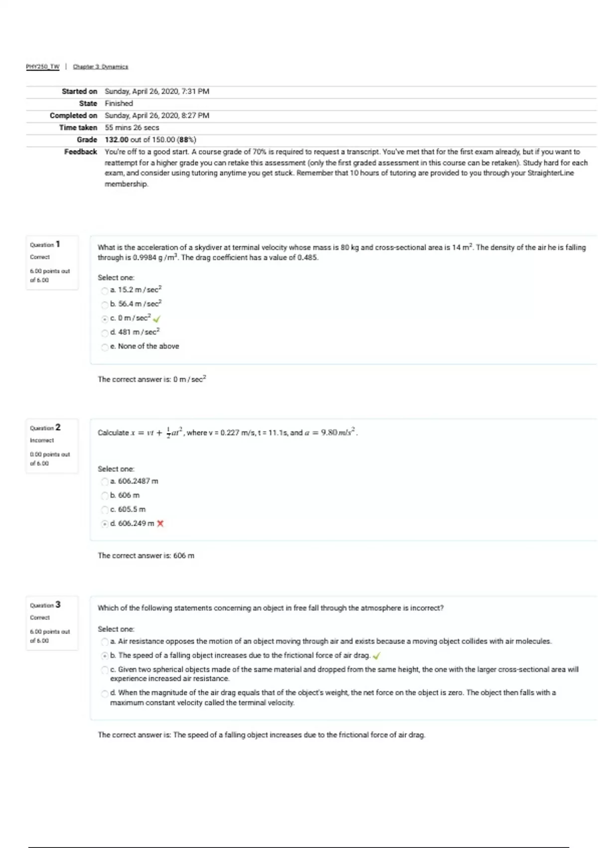 StraighterLine PHY 250 General Physics All Graded Exams ...