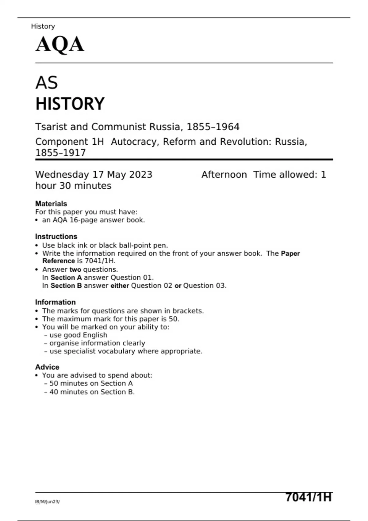 AQA AS HISTORY Tsarist and Communist Russia, 1855–1964 Component 1H MAY ...