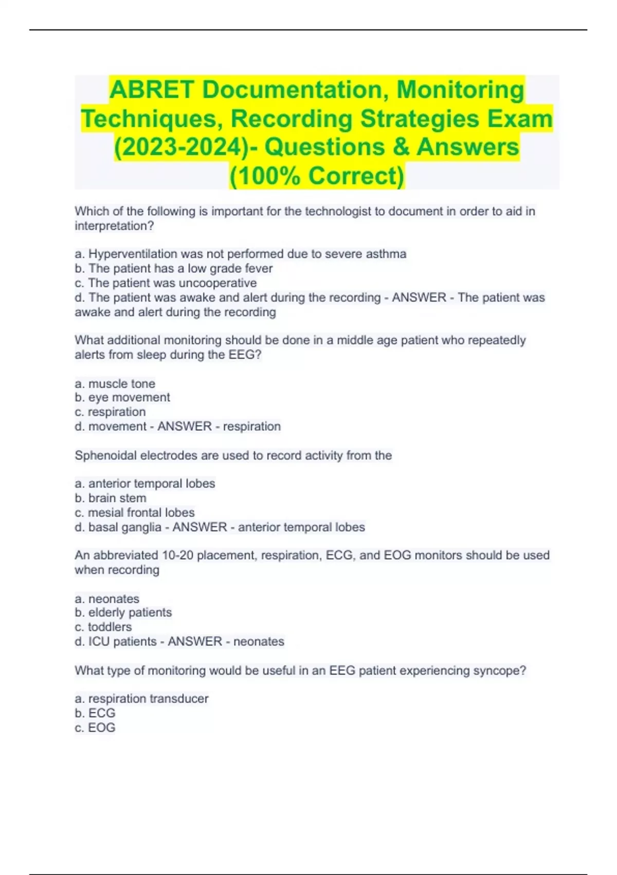 ABRET Documentation, Monitoring Techniques, Recording Strategies Exam ()- Questions & Answers ...