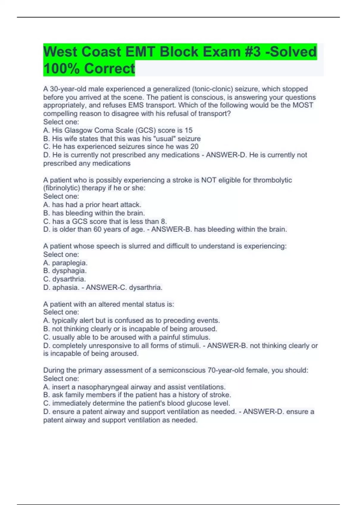 West Coast EMT Block Exam #3 -Solved 100% Correct - West Coast EMT ...