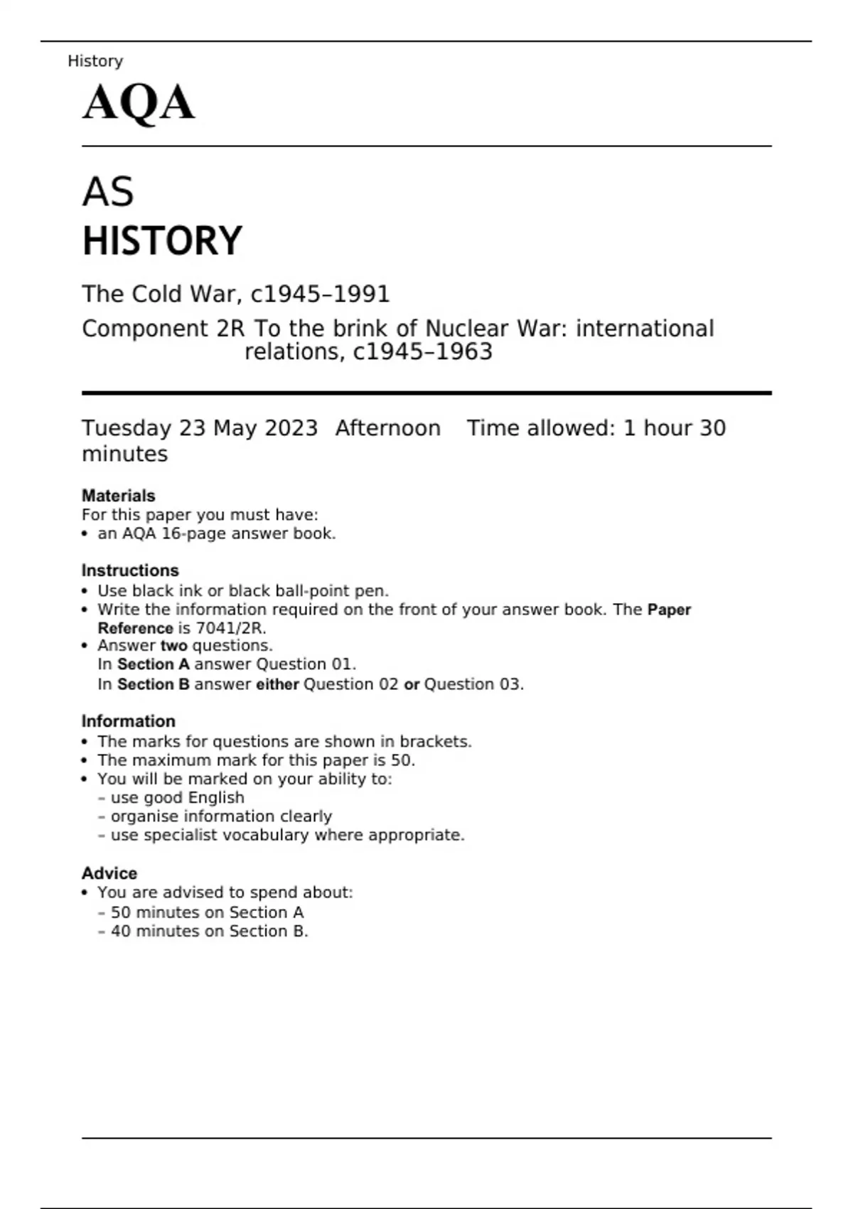AQA AS HISTORY The Cold War, c1945–1991 Component 2R MAY 2023 QUESTION ...