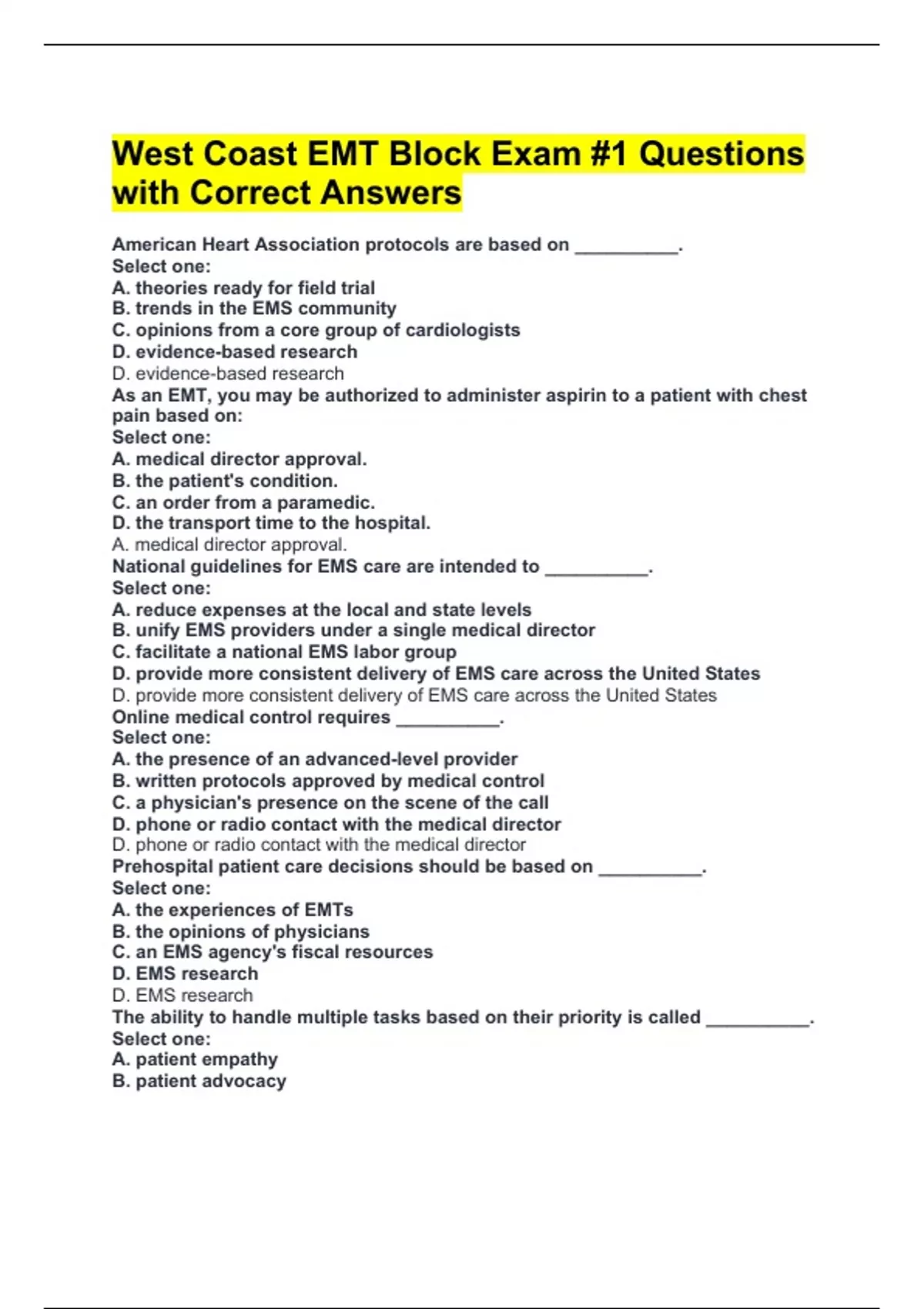 West Coast EMT Block Exam #1 Questions with Correct Answers - West ...