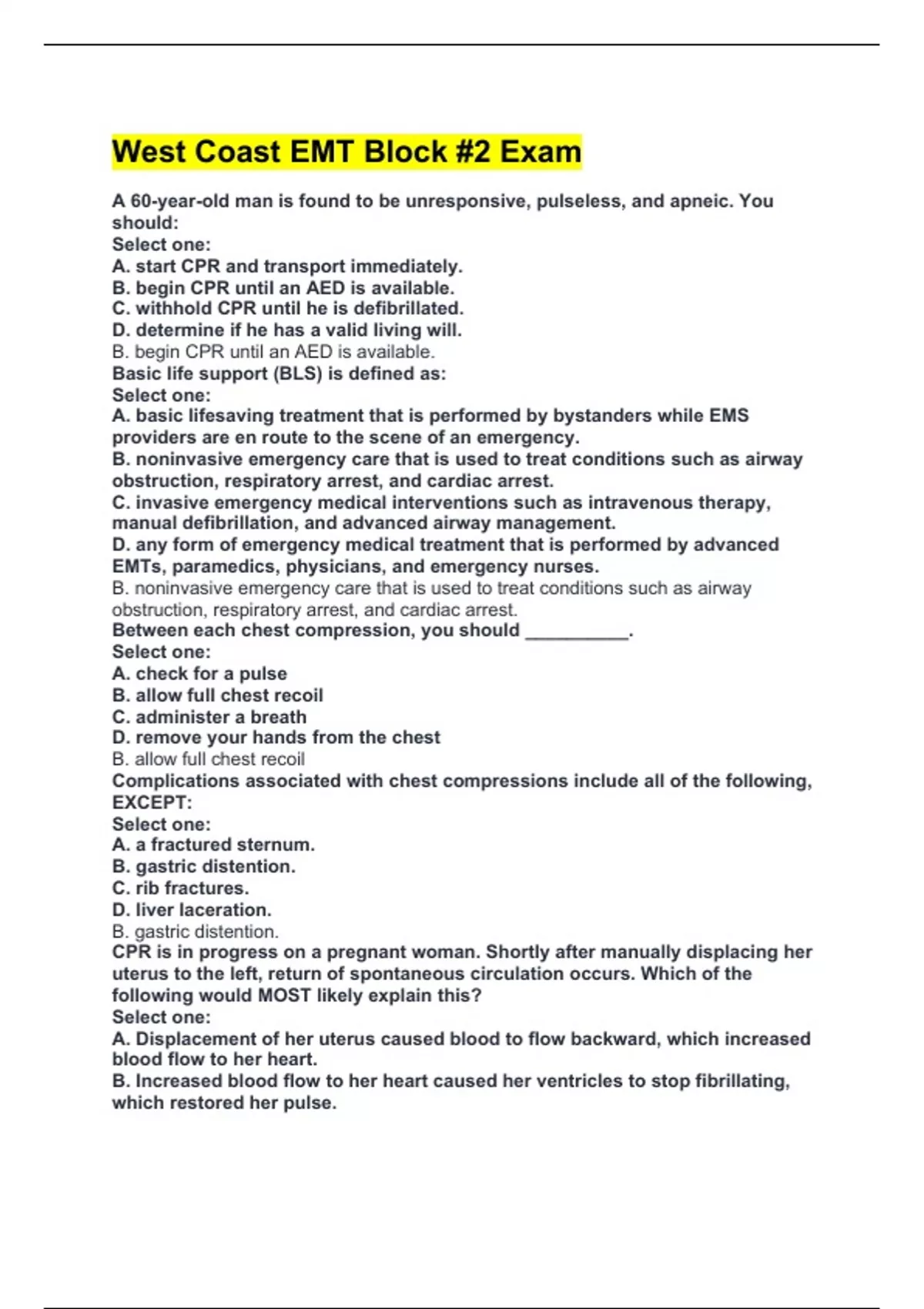 West Coast EMT Block #2 Exam - West Coast EMT Block - Stuvia US