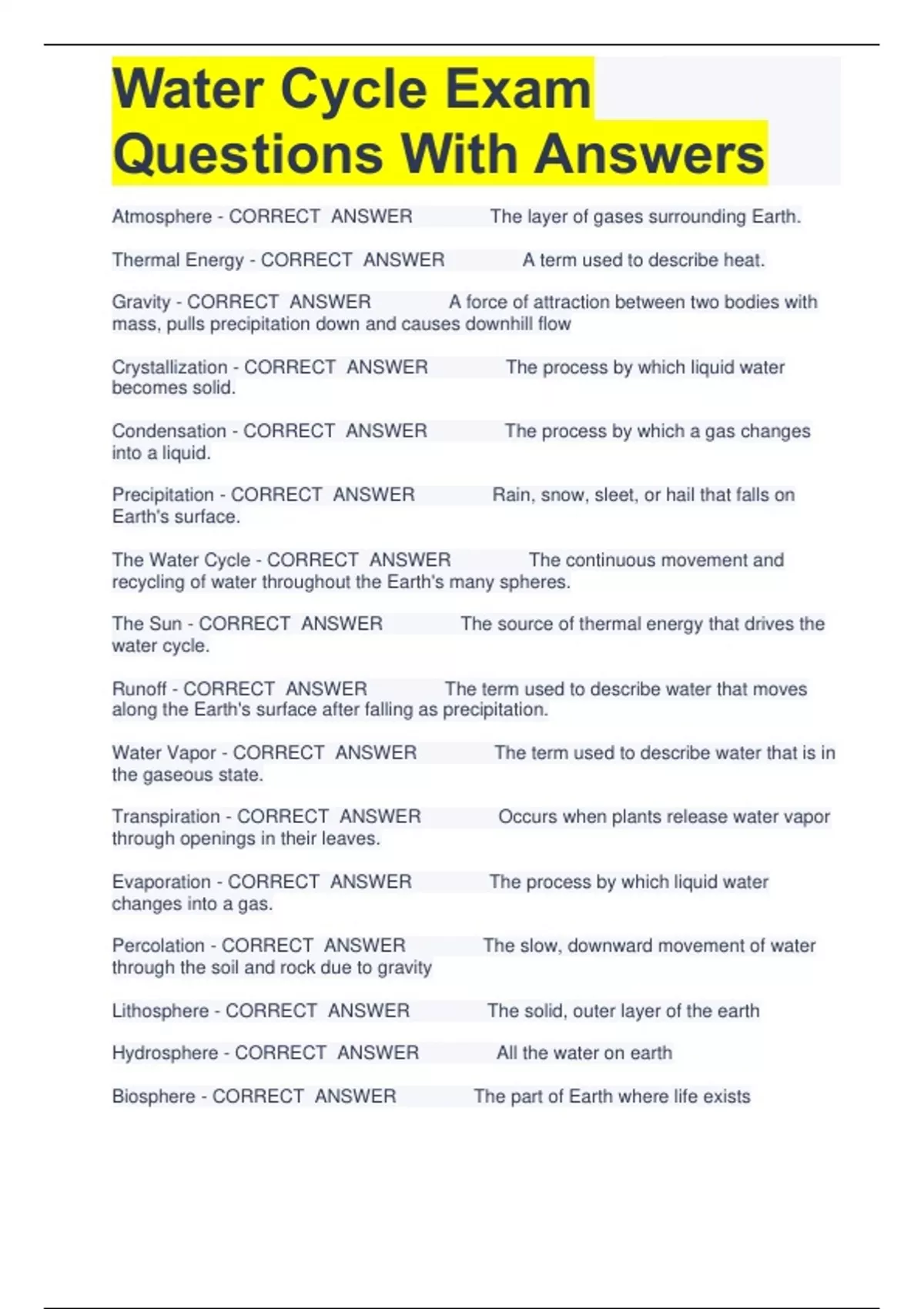 Water Cycle Exam Questions With Answers - Water Cycle - Stuvia US