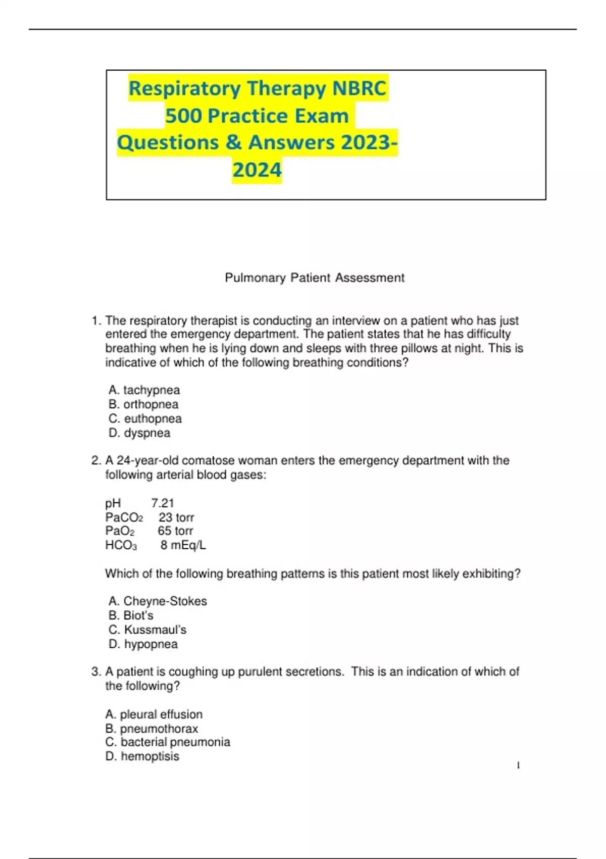 Respiratory Therapy NBRC 500 Practice Exam Questions & Answers ...