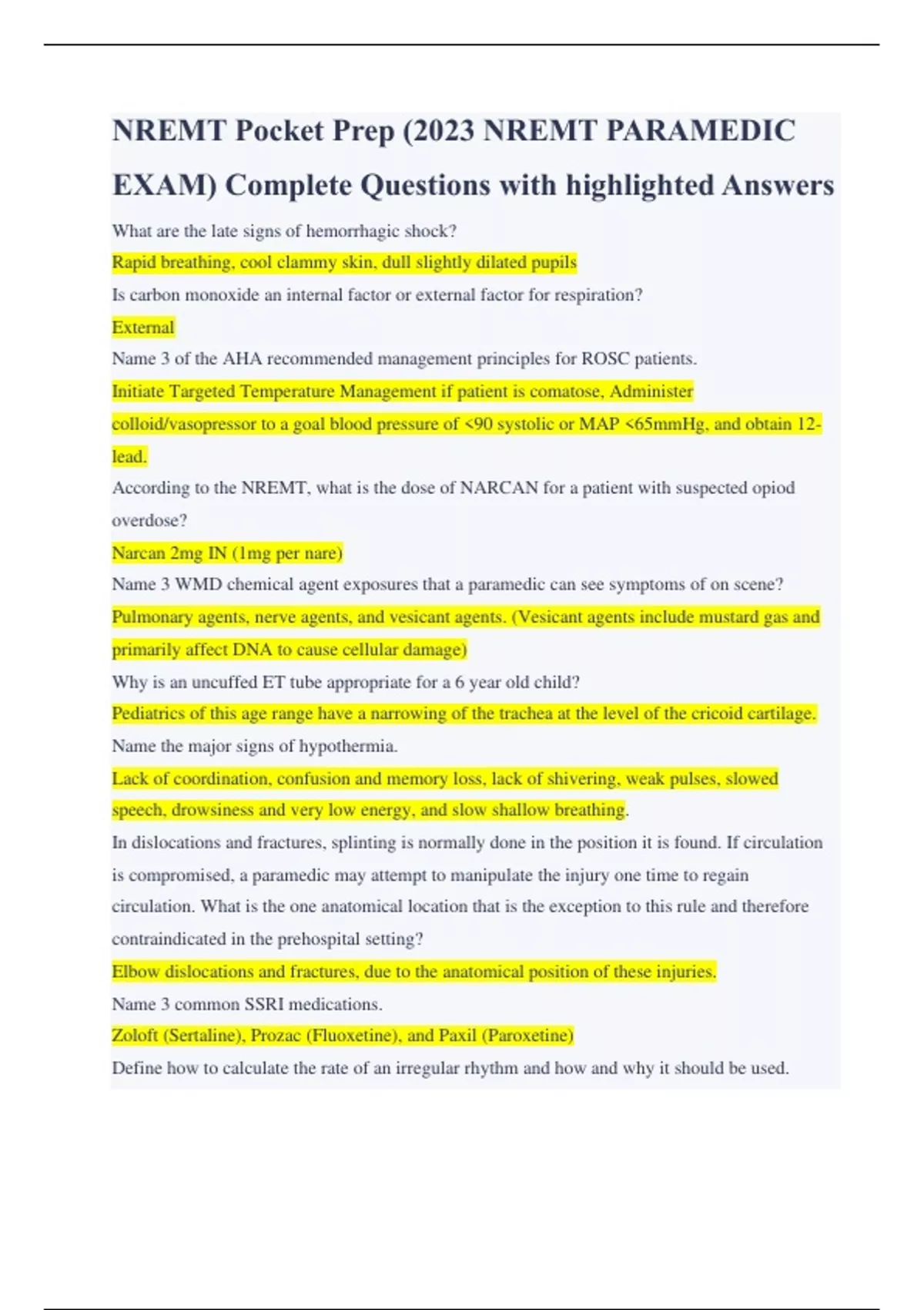 NREMT Pocket Prep (2023 NREMT PARAMEDIC EXAM) Complete Questions with ...