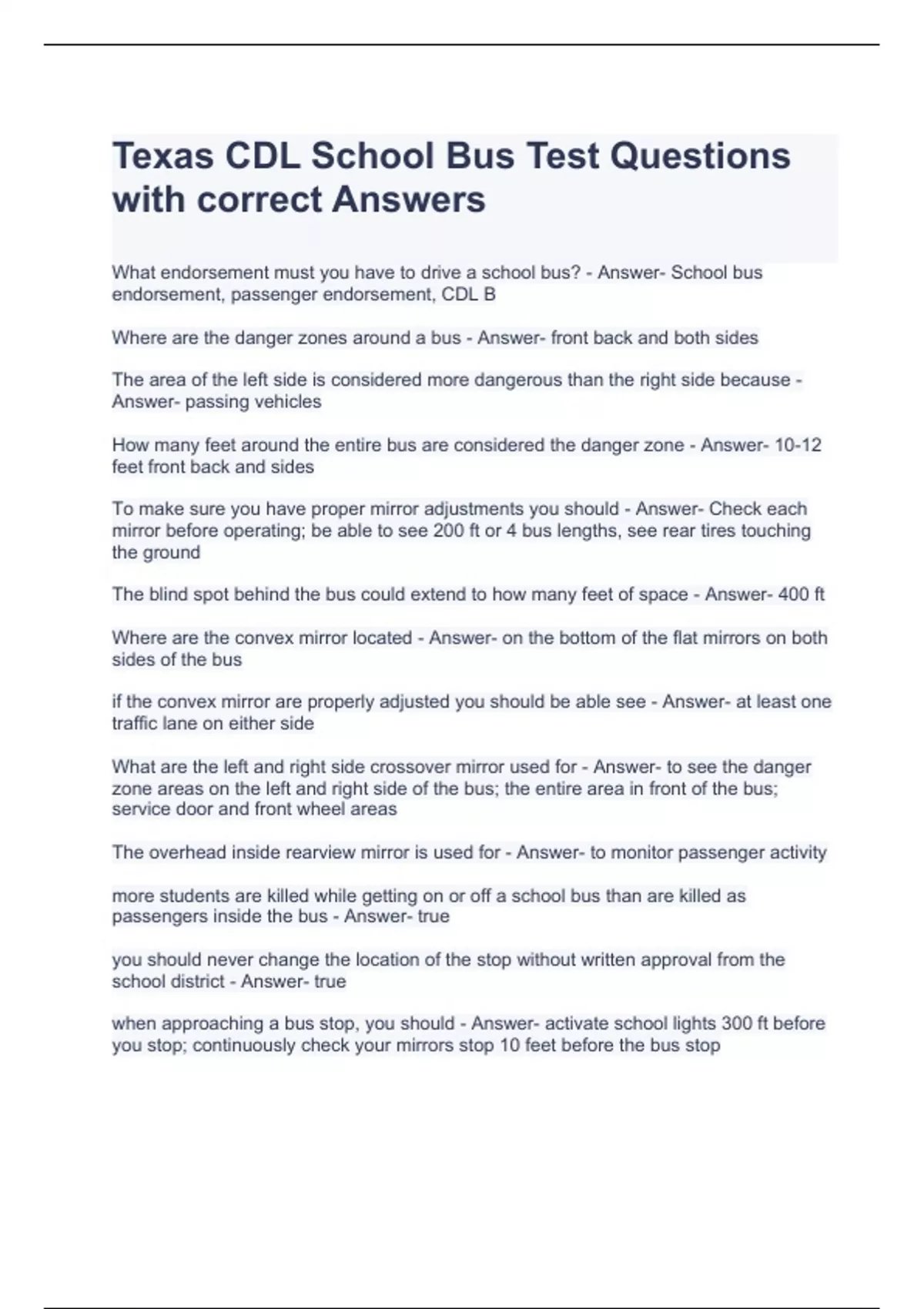 Texas CDL School Bus Test Questions with correct Answers - Texas CDL ...