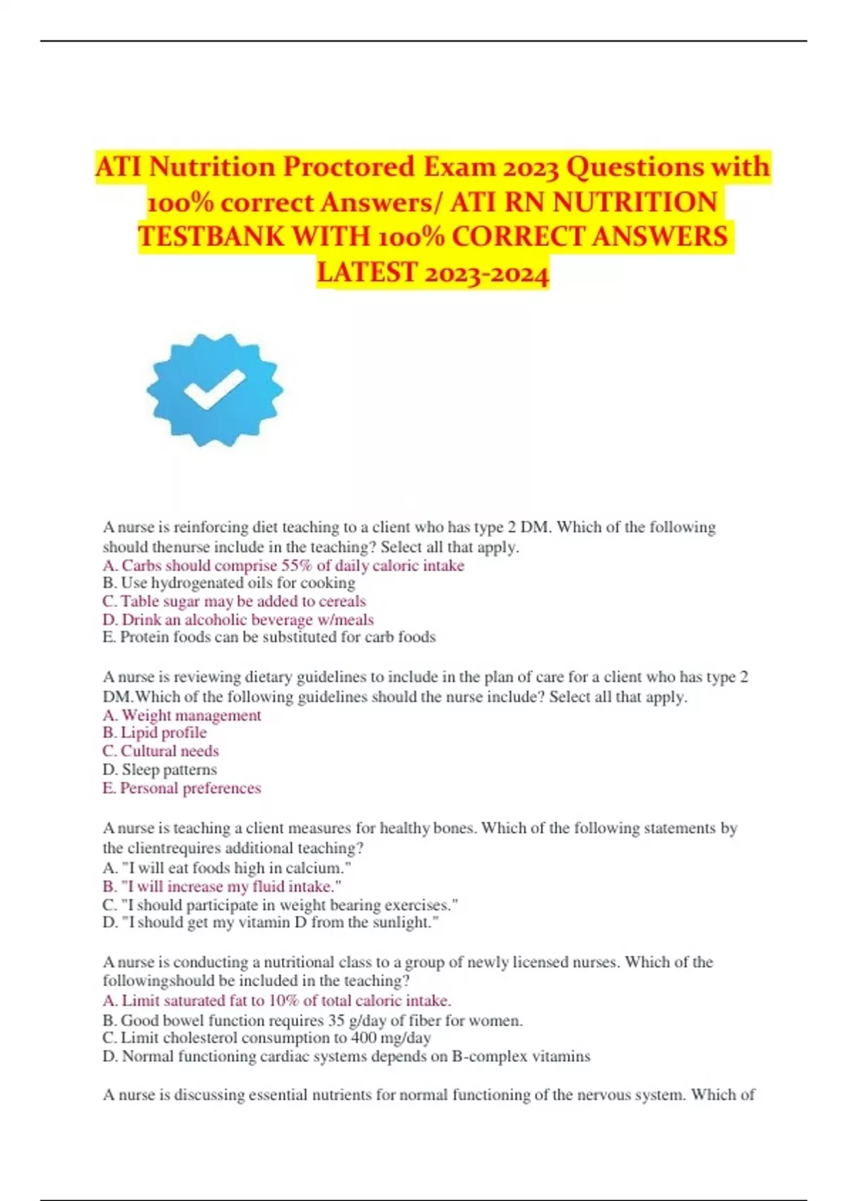 ATI Nutrition Proctored Exam 2023 Questions with 100% correct Answers ...