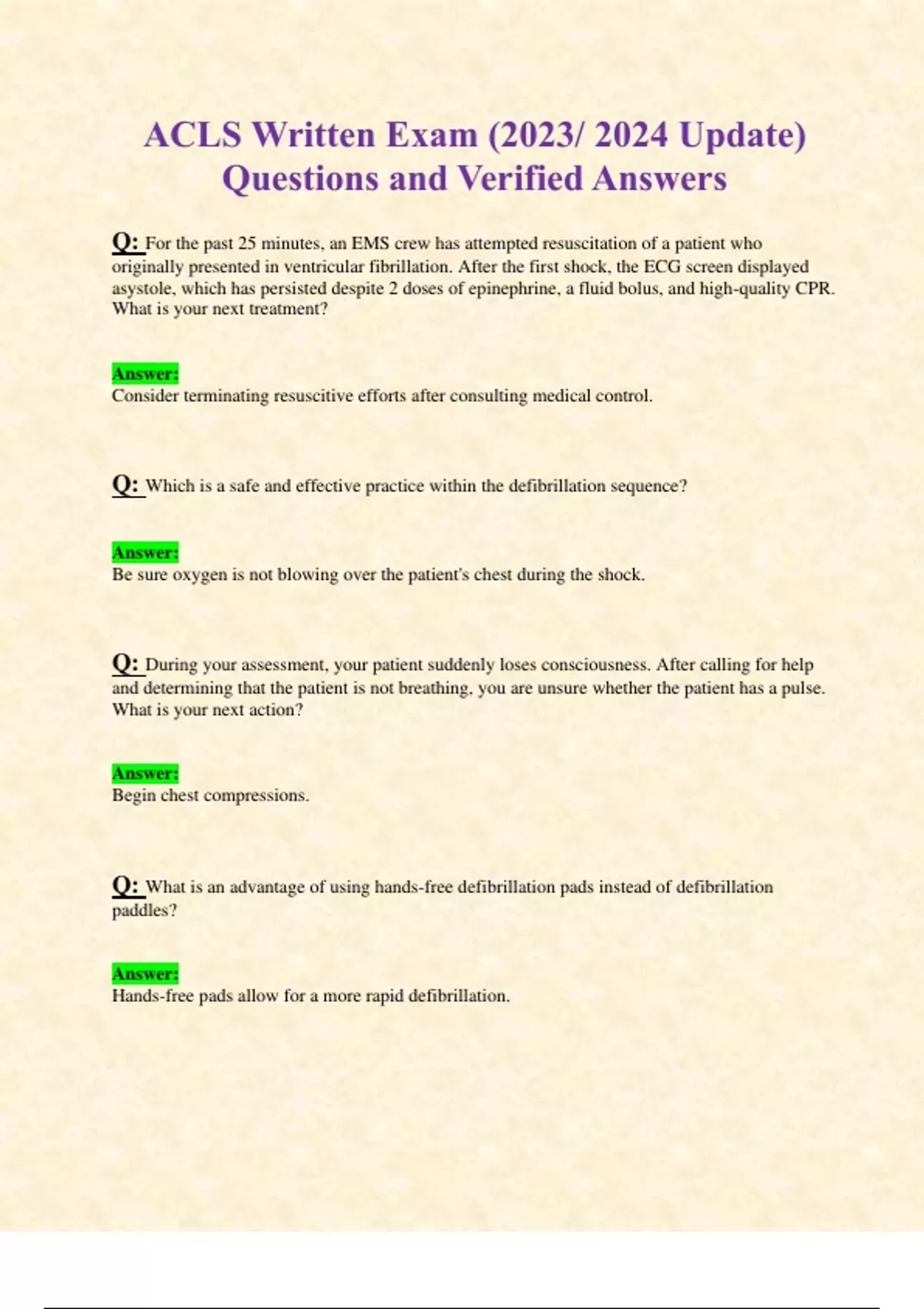 ACLS Written Exam (2023/ 2024 Update) Questions and Verified Answers ...