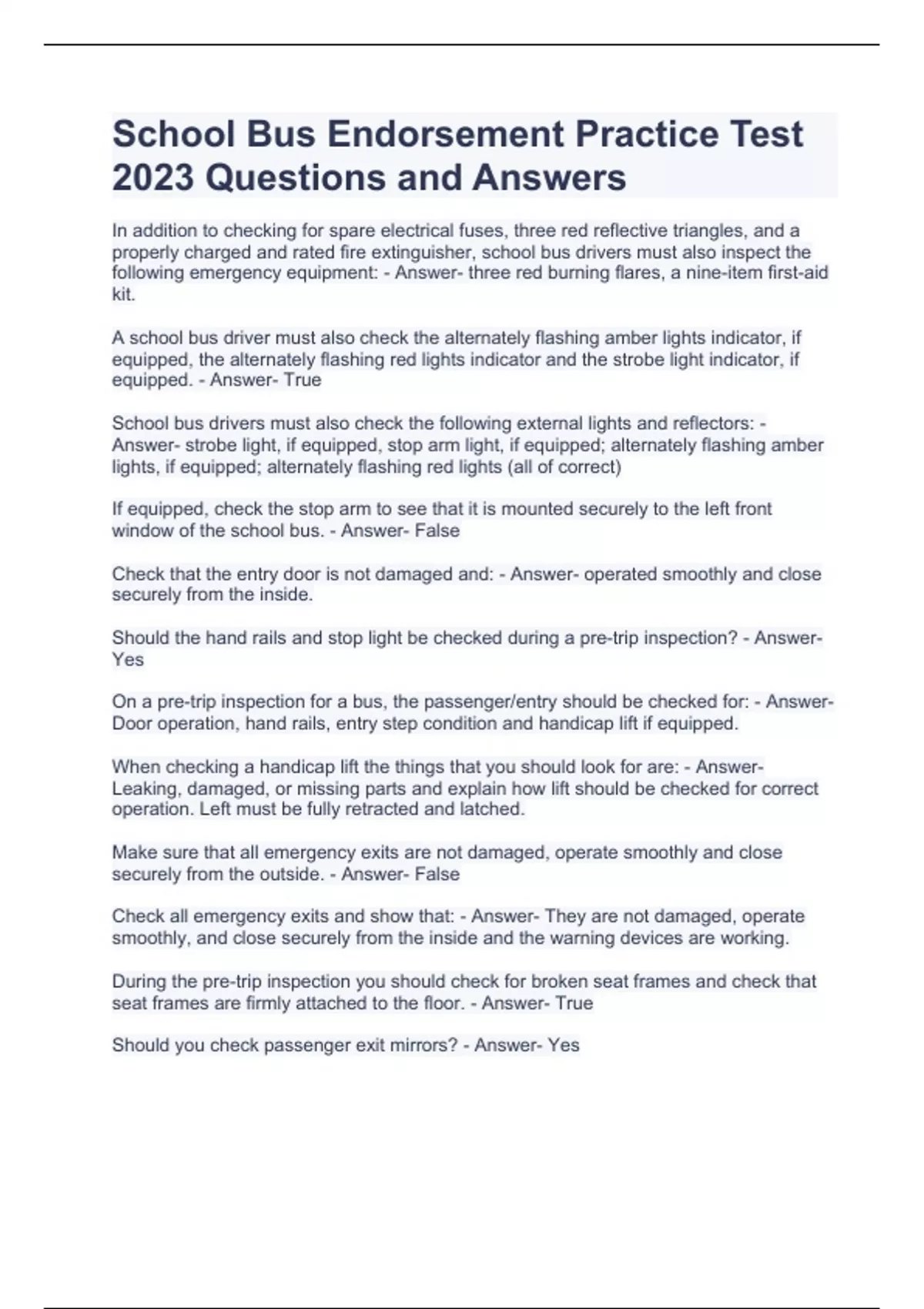 School Bus Endorsement Practice Test 2023 Questions and Answers ...