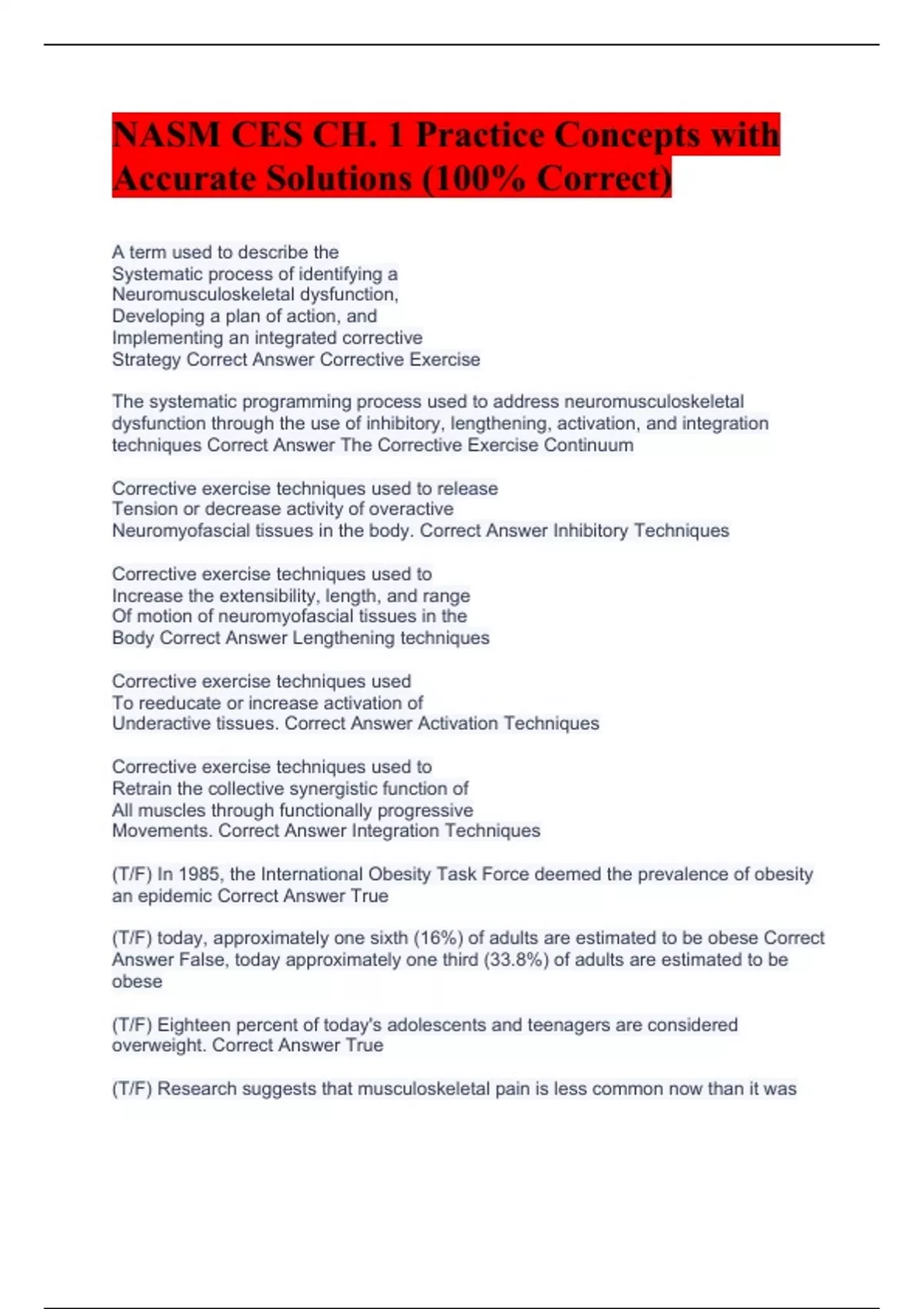 NASM CES CH. 1 Practice Concepts with Accurate Solutions (100% Correct ...