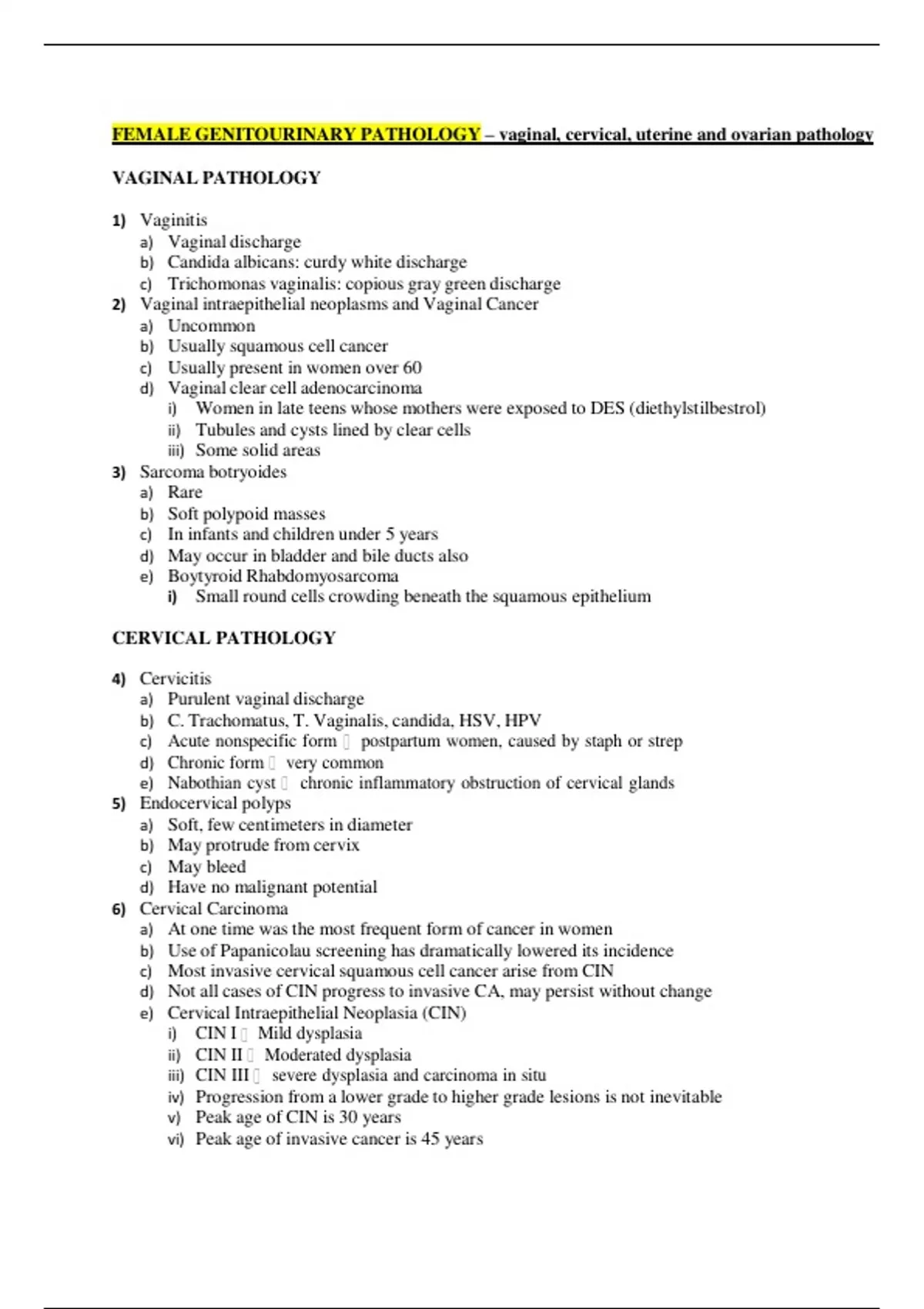 FEMALE GENITOURINARY PATHOLOGY SUMMARY – vaginal, cervical, uterine and ...