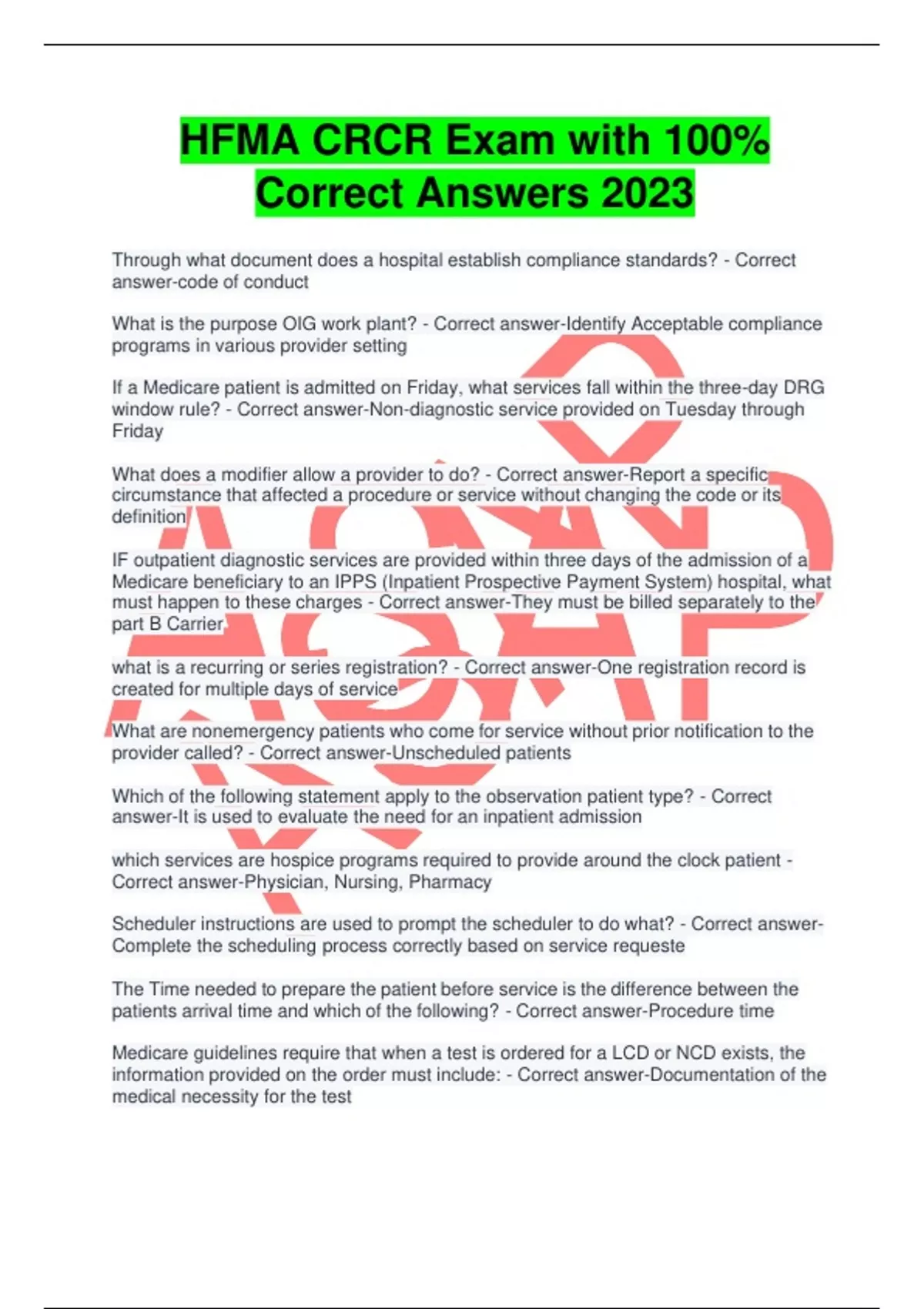 HFMA CRCR Exam with 100% Correct Answers 2023 - HFMA CRCR - Stuvia US