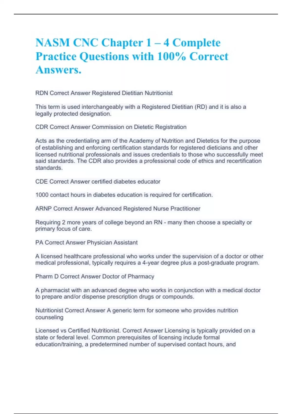 NASM CNC Chapter 1 – 4 Complete Practice Questions with 100% Correct Answers. - NASM CNC - Stuvia US