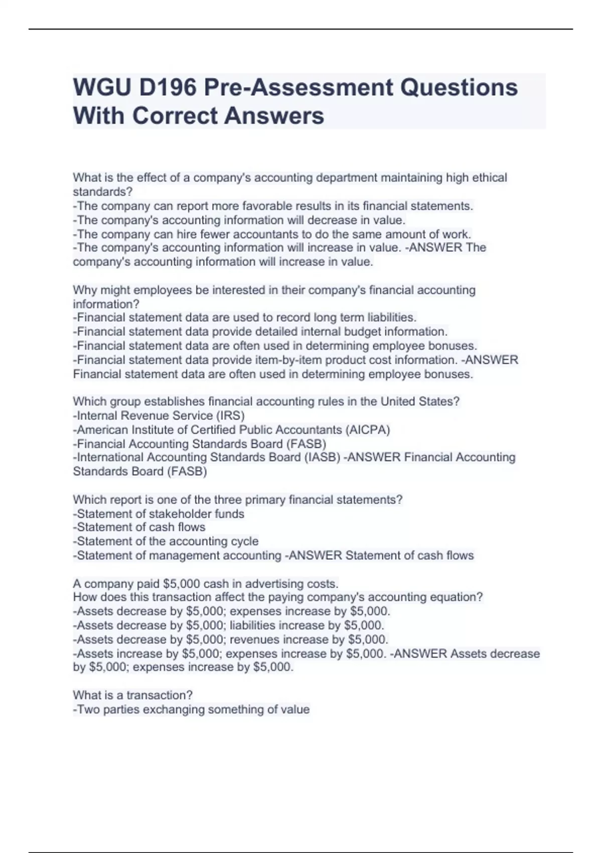WGU D196 Pre-Assessment Questions With Correct Answers - WGU D196 ...