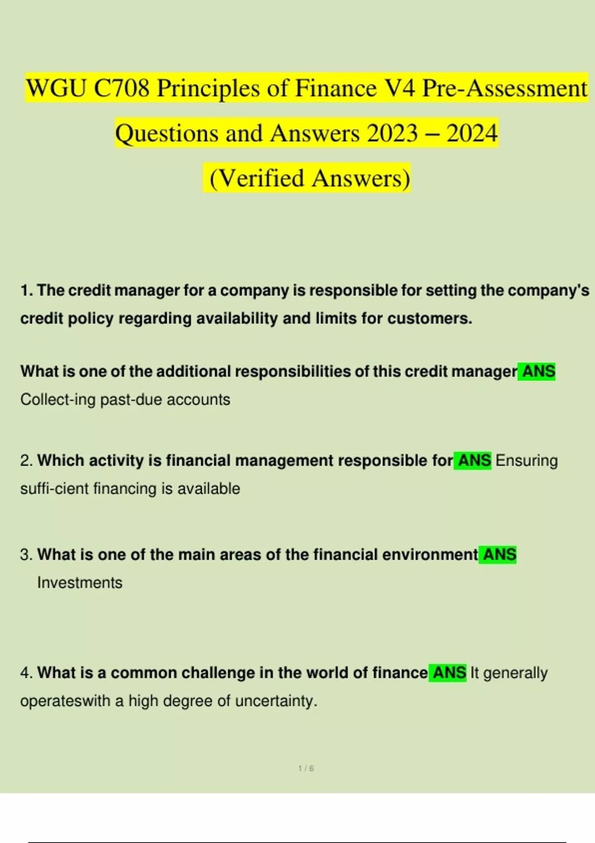 WGU C708 Principles of Finance V4 Pre-Assessment Questions and Answers ...