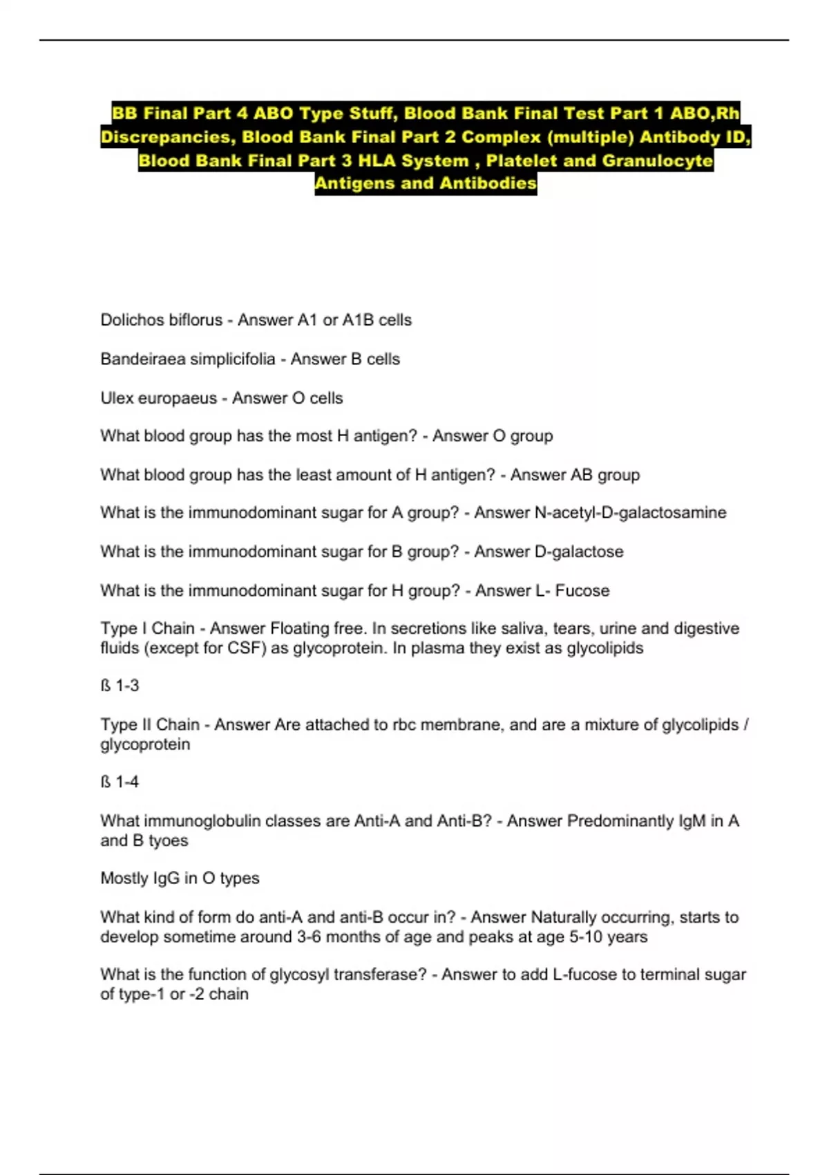 BB Final Part 4 ABO Type Stuff, Blood Bank Final Test Part 1 ABO,Rh ...