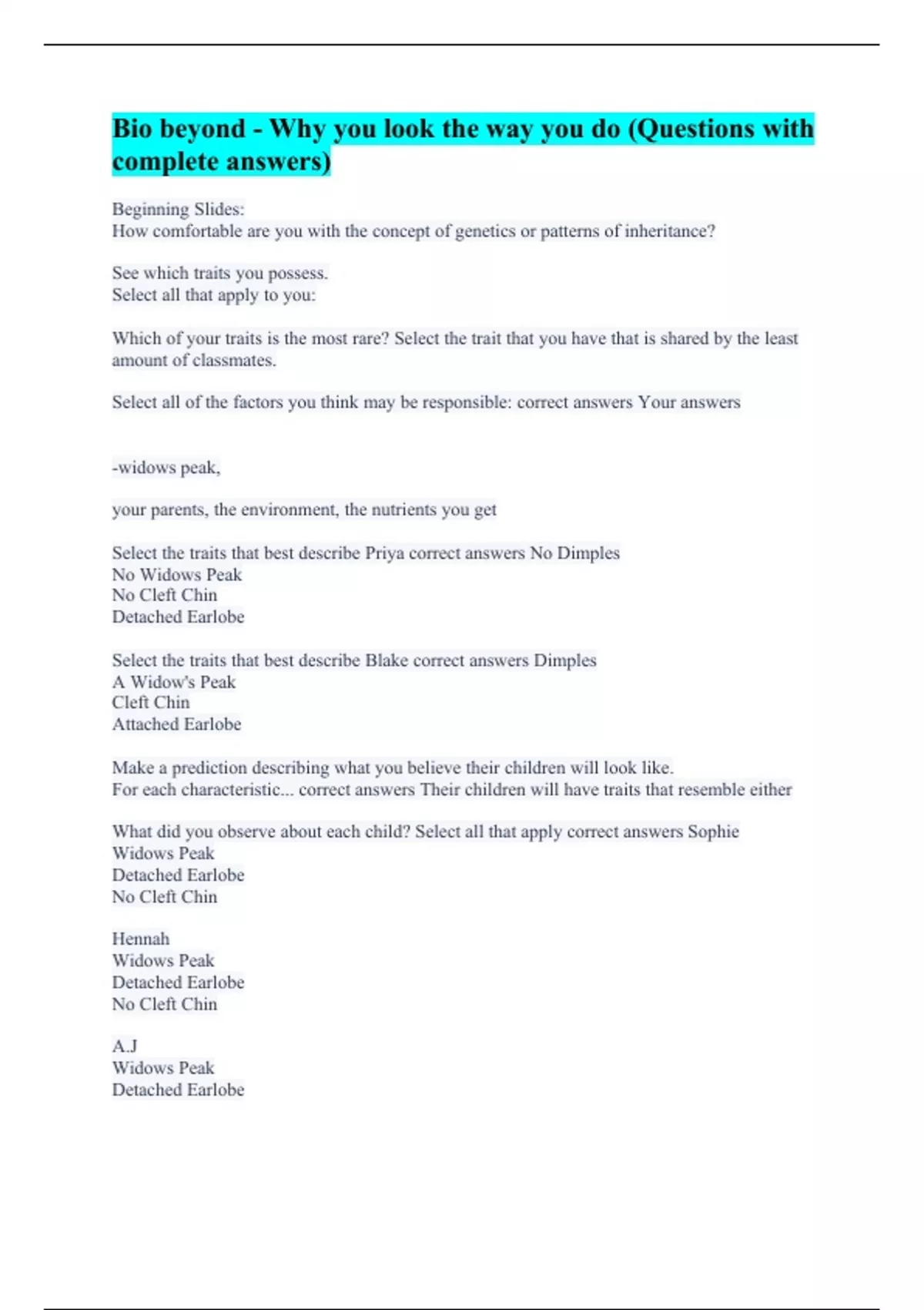 Bio beyond - Why you look the way you do (Questions with complete ...