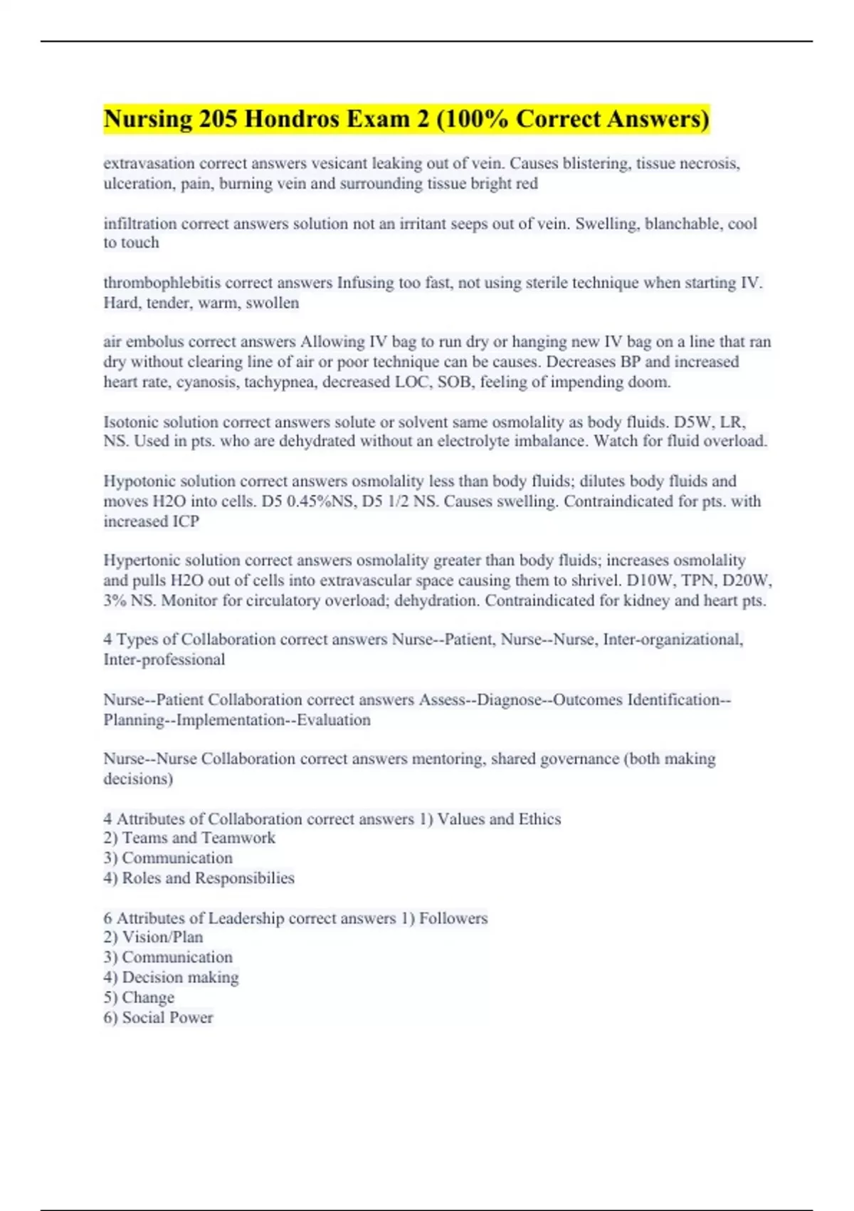 Nursing 205 Hondros Exam 2 (100% Correct Answers) - Nursing 205 Hondros ...